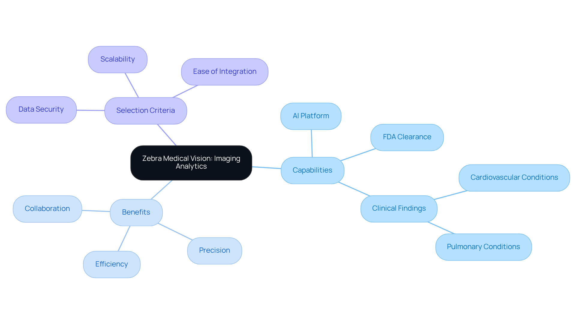 Start at the center with Zebra Medical Vision's analytics, then explore the branches to see its capabilities, benefits, and what to consider when choosing data management systems.