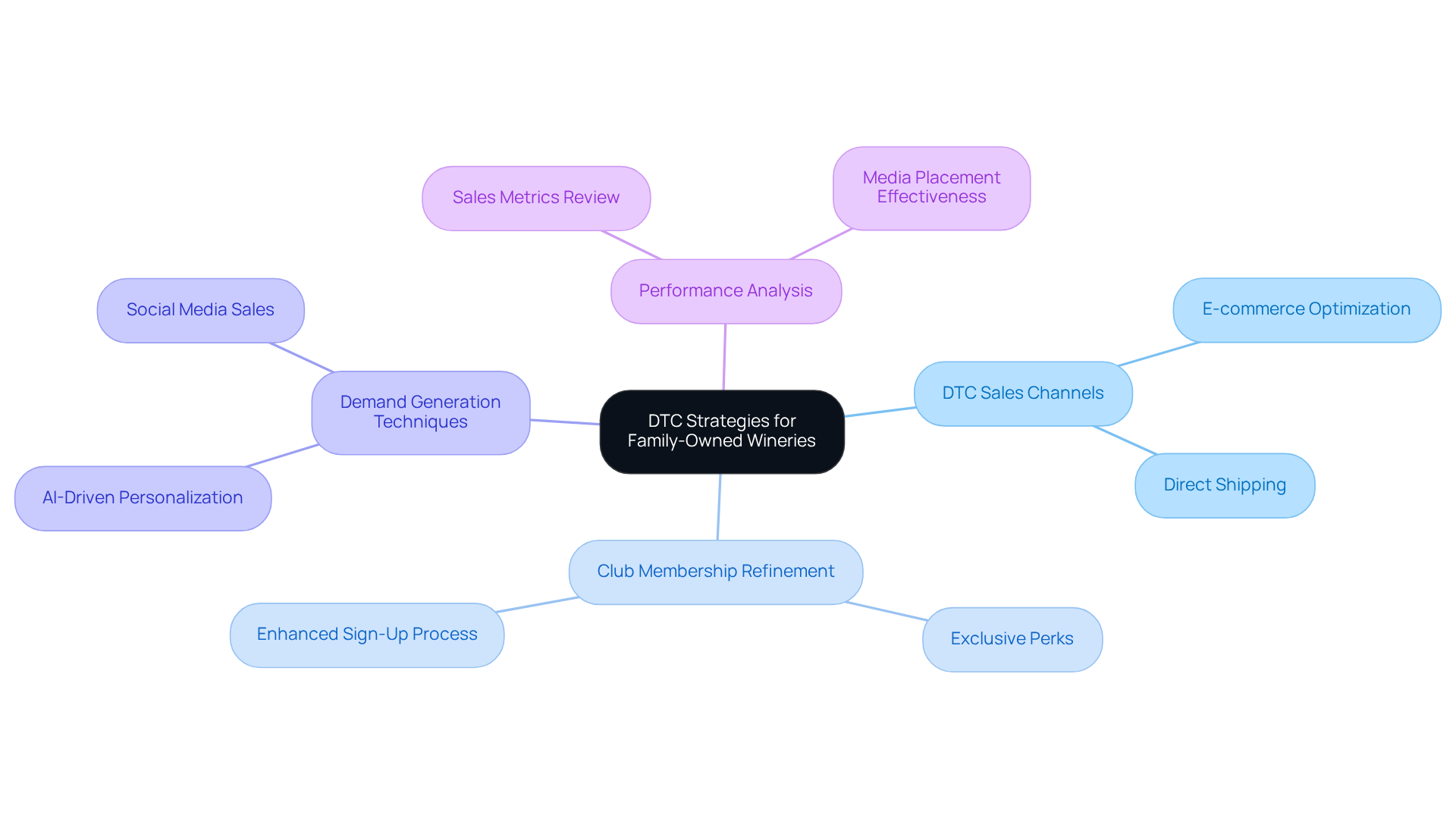 Start at the center with the main strategy, then follow the branches to see each focus area and what actions are involved in enhancing DTC sales for family-owned wineries.