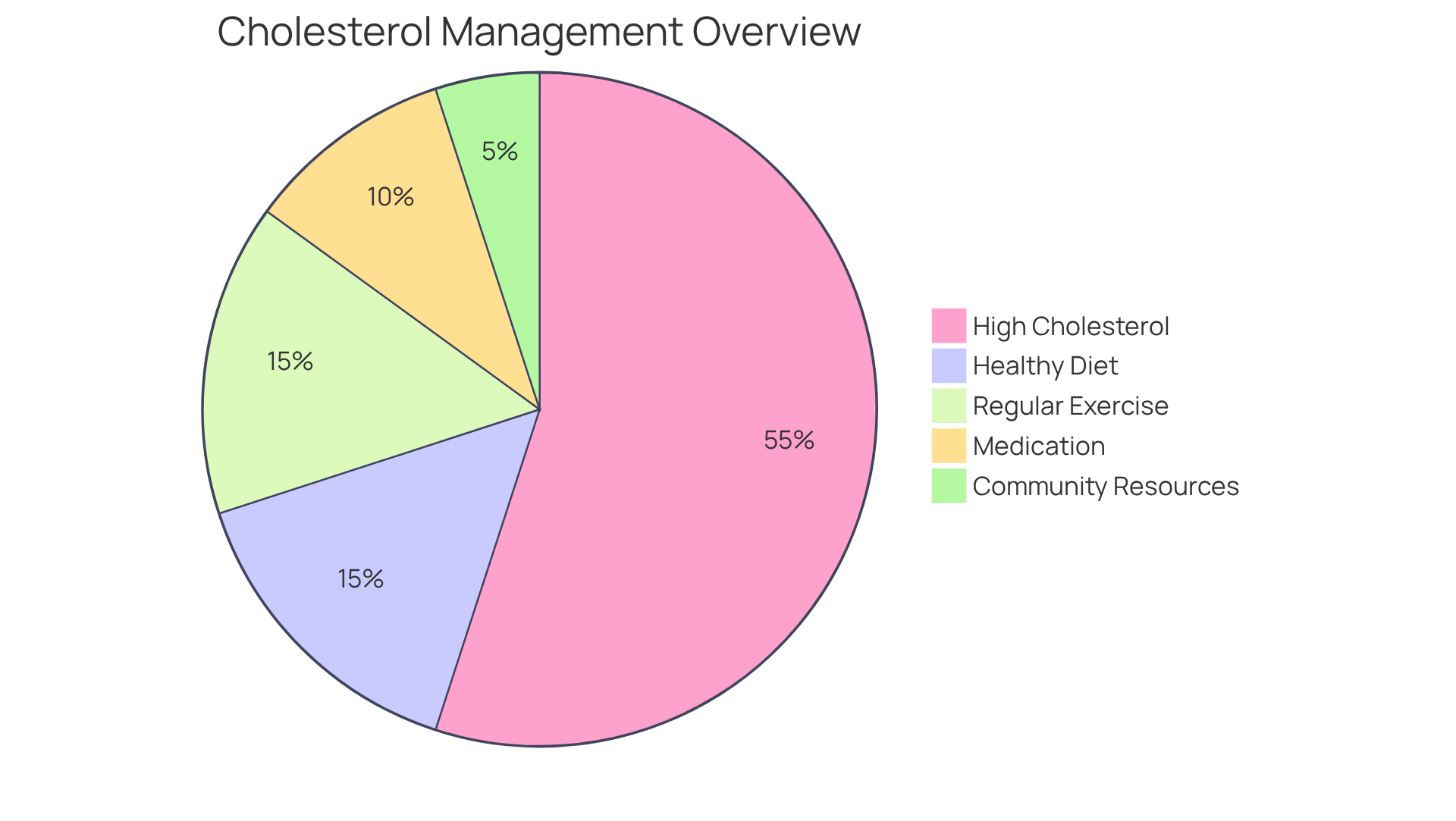 The larger segment shows the percentage of older adults affected by high cholesterol, while the other segments represent different strategies to manage cholesterol levels. Each color corresponds to a specific strategy, making it easy to see how they relate to the issue.
