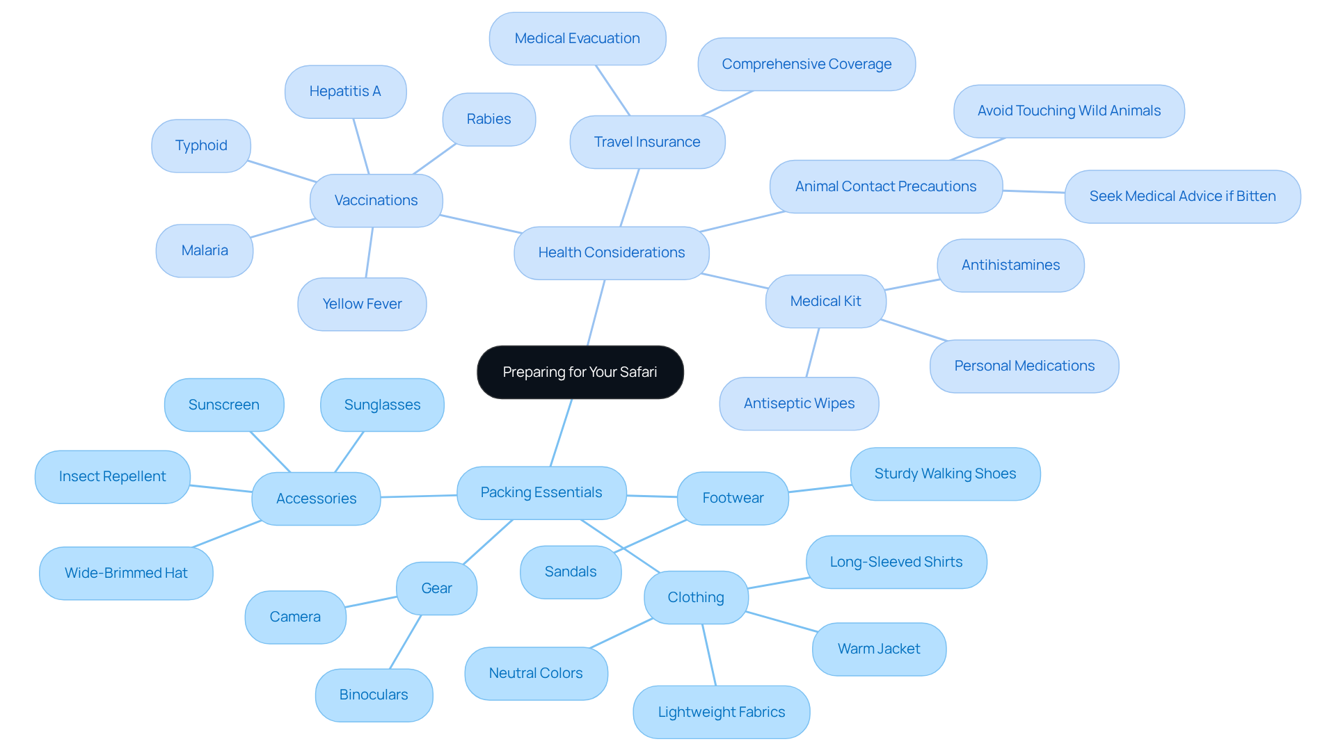 This mindmap helps you visualize what you need to prepare for your safari. The central idea is your safari preparation, and each branch shows important packing items and health tips to ensure a safe and enjoyable experience.
