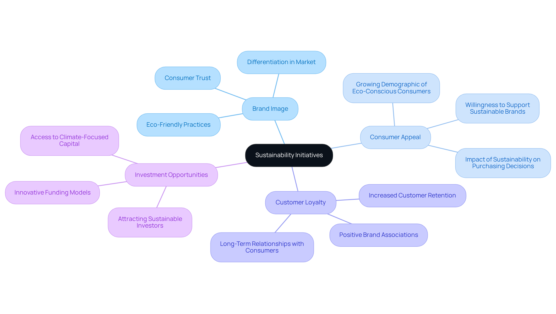 The center represents the main theme of sustainability initiatives, with branches showing how these initiatives influence various aspects of attracting investors and customers.