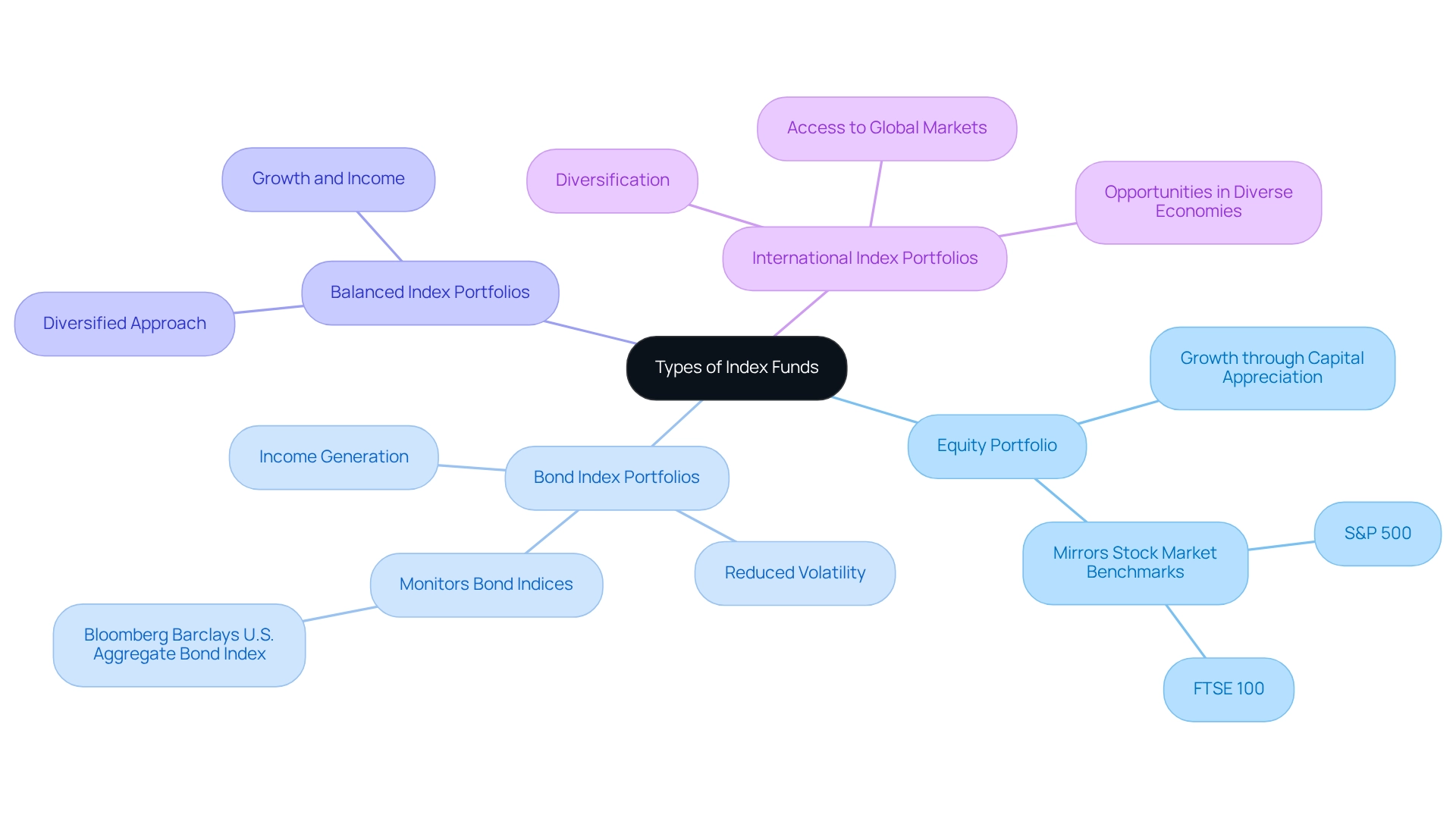 The central node represents the overarching category of index funds, with branches showing specific types and their characteristics.