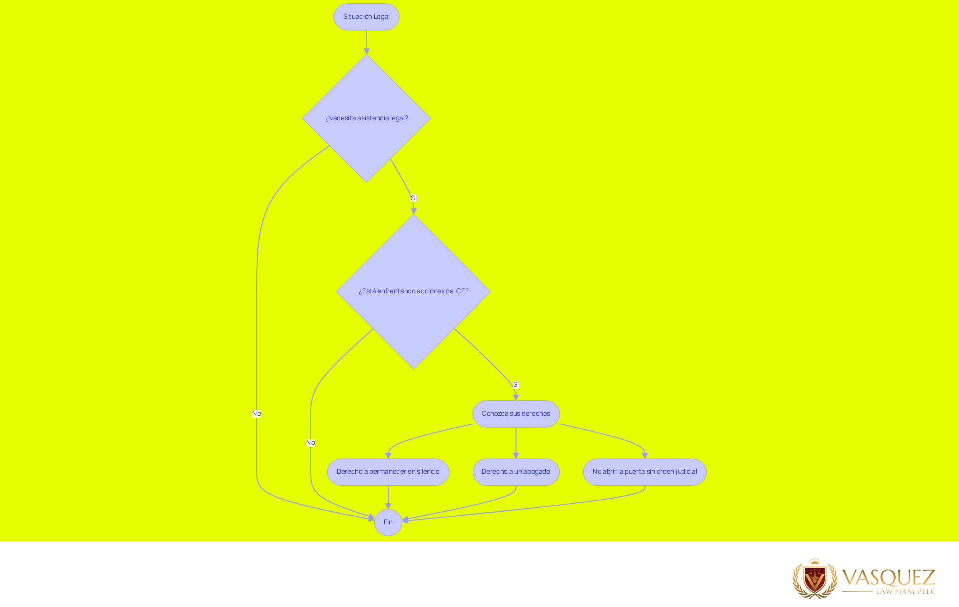 Este diagrama muestra los pasos que debe seguir si se enfrenta a una situación legal. Cada cuadro representa una decisión o derecho importante que debe conocer.