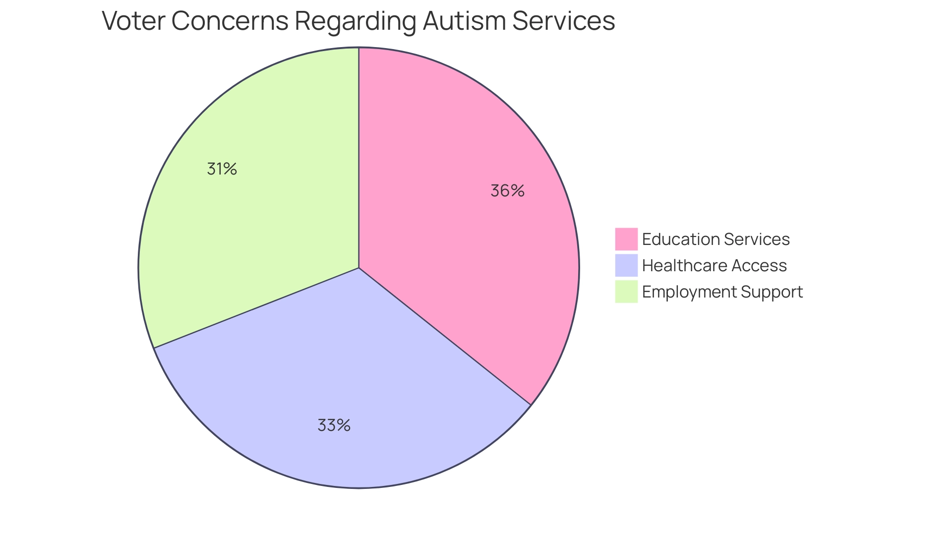 Each slice represents the percentage of voter concern for specific autism-related services: blue for education (75%), green for healthcare (70%), and orange for employment (65%).