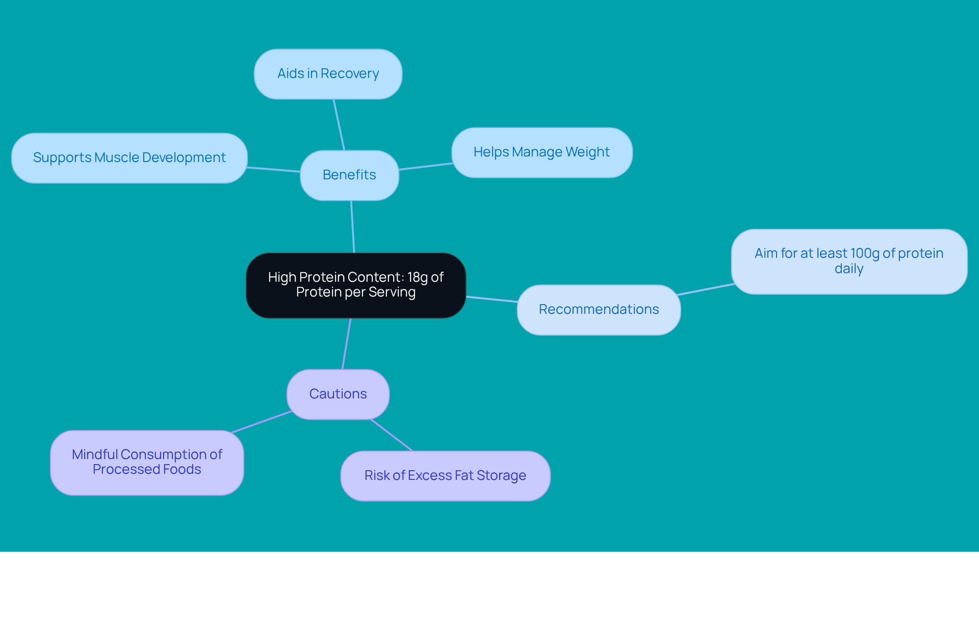 The central node represents the main topic, while the branches show the benefits, recommendations, and cautions related to high protein intake. Each color-coded branch helps you easily identify different aspects of the discussion.