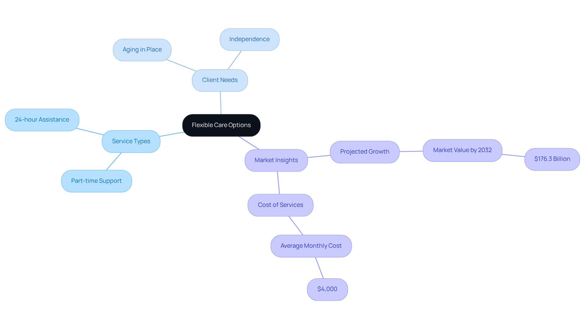 Start in the center with flexible options, and follow the branches to see the different types of services, client needs, and insights into the growing market.