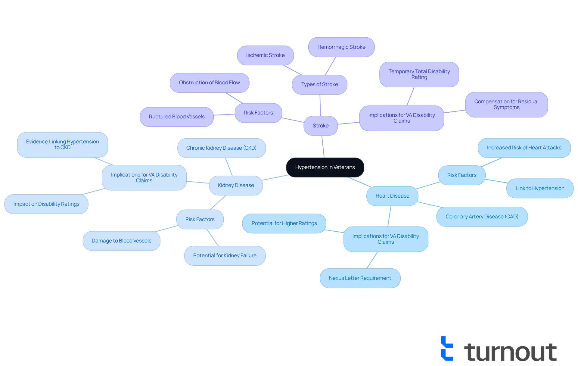 The central node represents hypertension, while each branch shows a secondary condition that can result from it. The sub-points illustrate important details and implications, helping you see how these health issues are connected.
