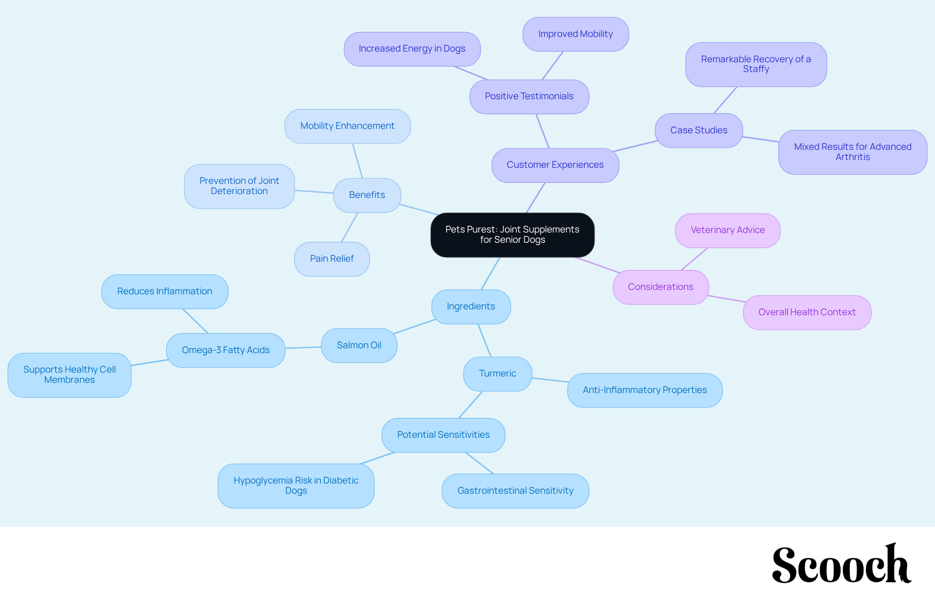 The center represents the main topic of joint supplements, while the branches show important details like ingredients and benefits. Each color-coded section helps you see how everything connects, making it easier to understand the overall message.