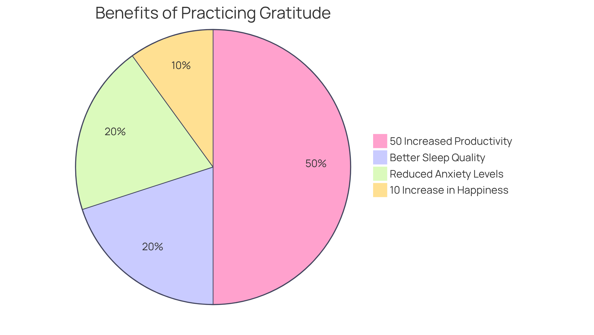 Each slice shows how practicing gratitude helps improve our lives. The larger the slice, the more significant the benefit — from boosting happiness to increasing productivity! Each slice shows how practicing gratitude helps improve our lives. The larger the slice, the more significant the benefit — from boosting happiness to increasing productivity!