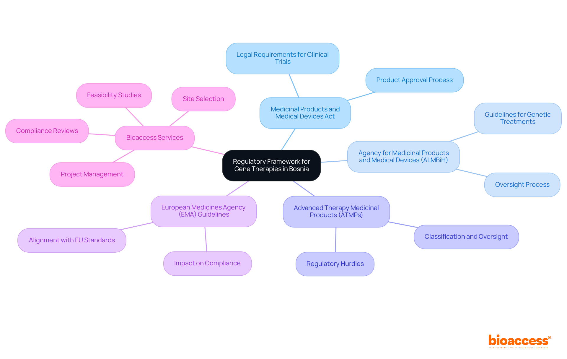 Start at the center with the main topic, then explore each branch to understand the laws, agencies, and services that guide gene therapy regulations. Each color represents a different aspect of the regulatory framework.