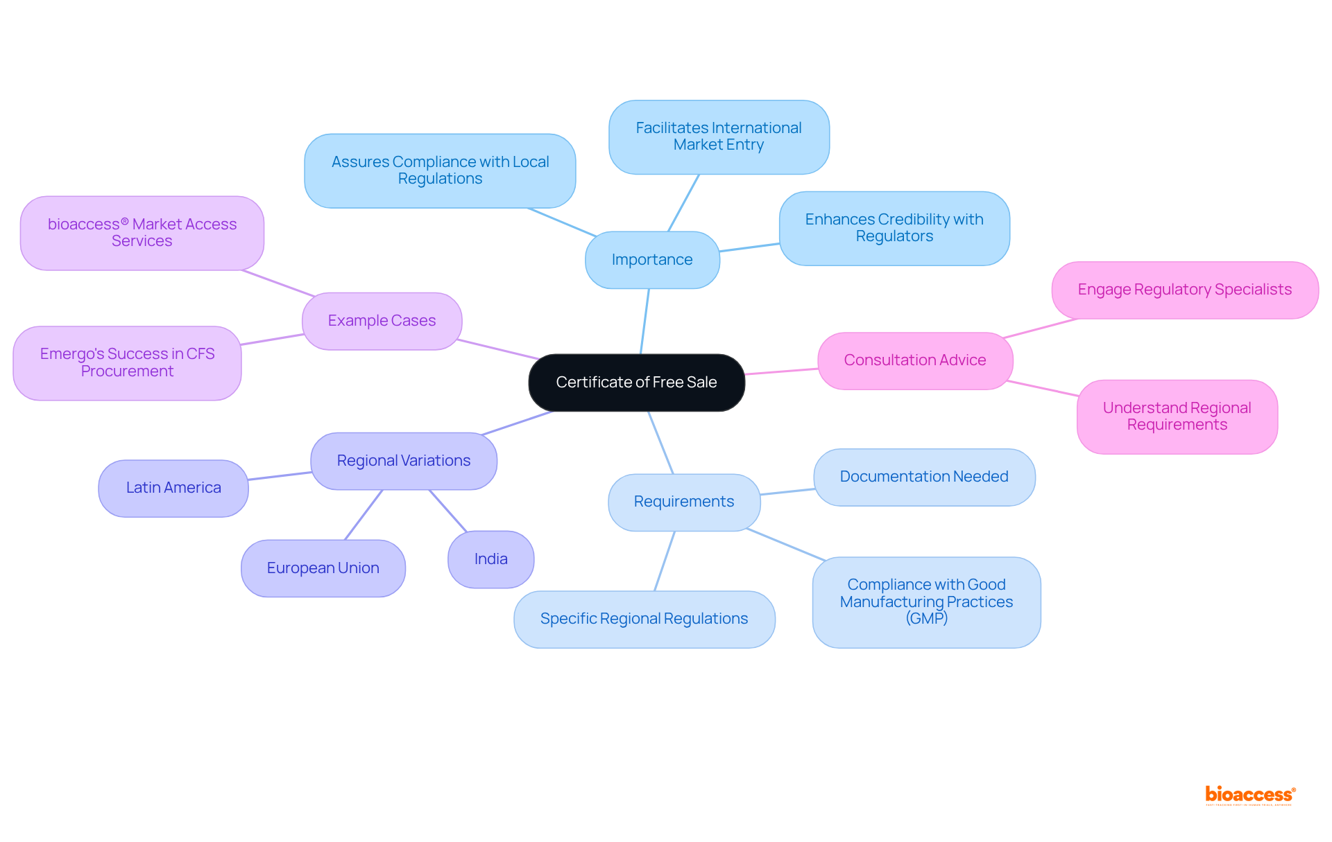 The central idea is the Certificate of Free Sale. Each branch leads to a different aspect, like its importance and requirements, so you can easily see how everything connects. The central idea is the Certificate of Free Sale. Each branch leads to a different aspect, like its importance and requirements, so you can easily see how everything connects.