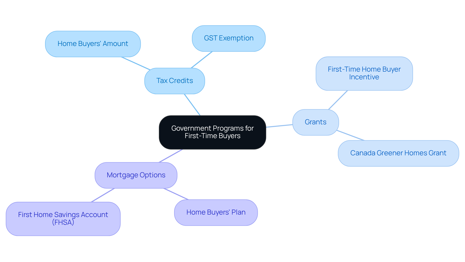 The center represents the main theme of government assistance, while the branches show different types of help available. Each branch leads to specific programs that can support you in your journey to homeownership.