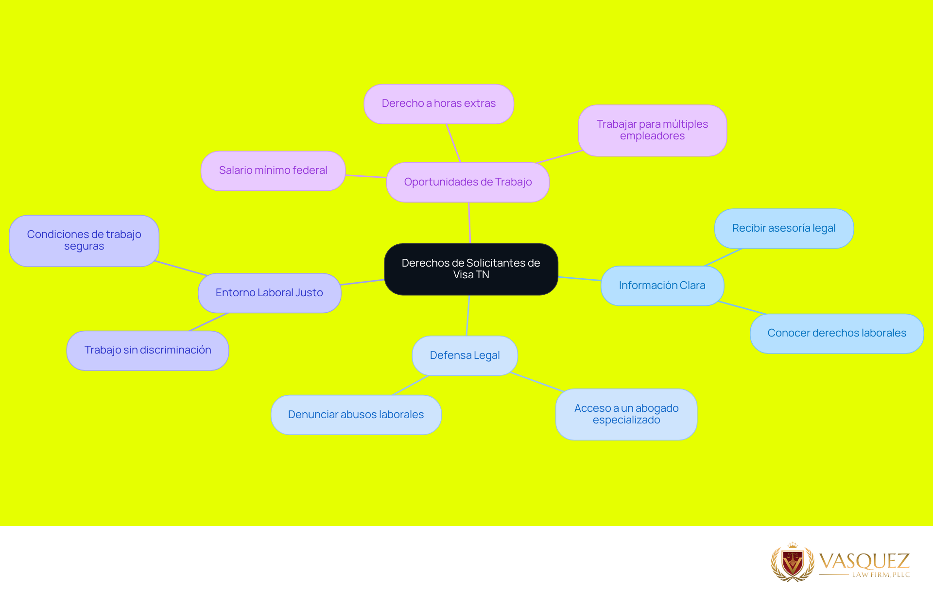 Este mindmap muestra los derechos fundamentales que tienen los solicitantes de visa TN. Cada rama representa un derecho clave y las sub-ramas ofrecen detalles sobre cómo esos derechos se aplican en la práctica.