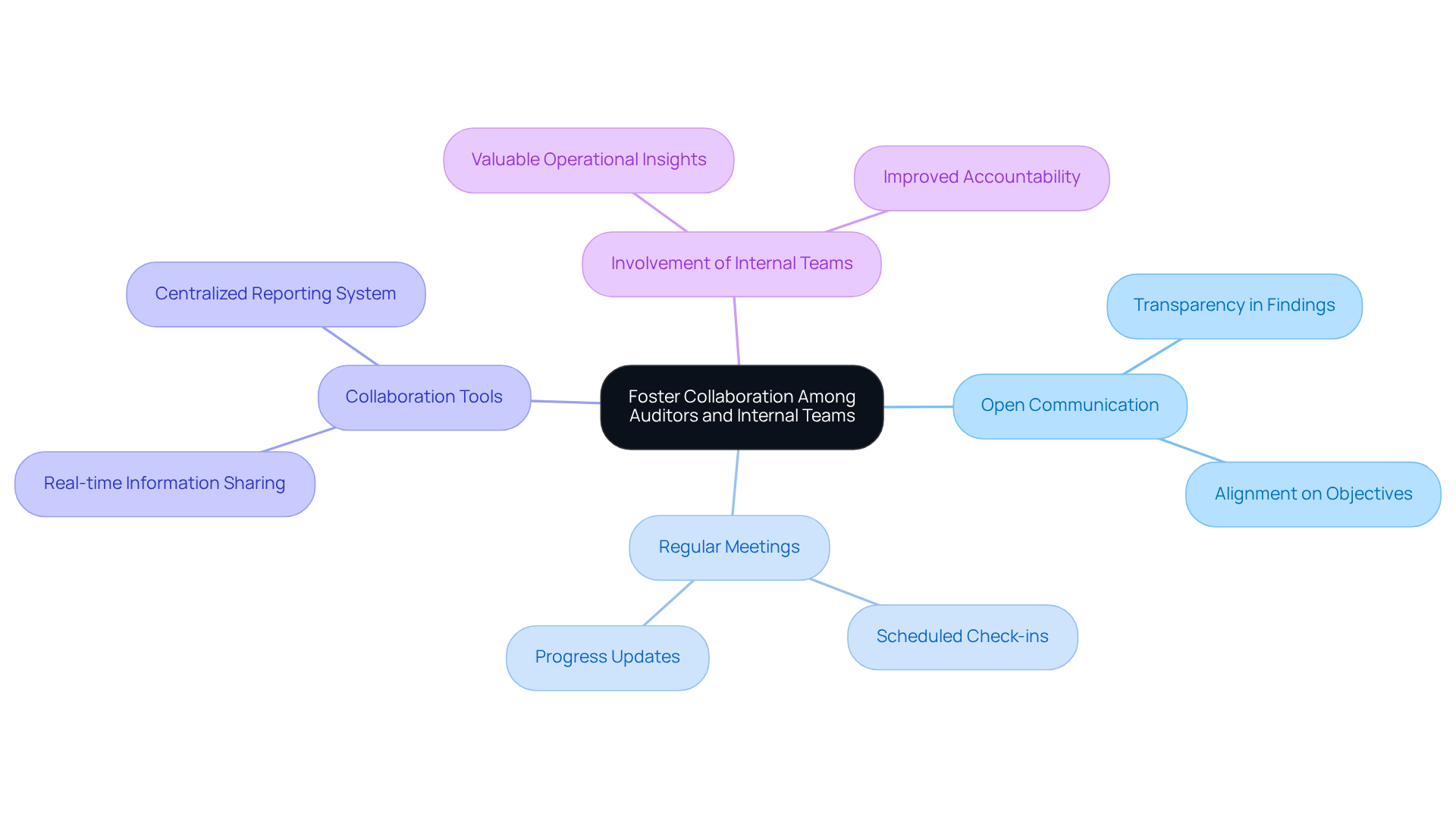 The central node represents the main focus on collaboration, while the branches show different strategies and benefits. Each color-coded branch helps you see how these elements work together to improve audit outcomes.