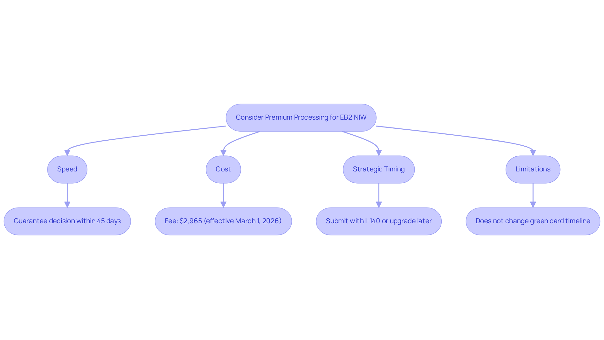 This flowchart guides you through the considerations for premium processing. Start at the top with the main question, then follow the arrows to explore each key point. Each box provides important details to help you make an informed decision about your immigration process.