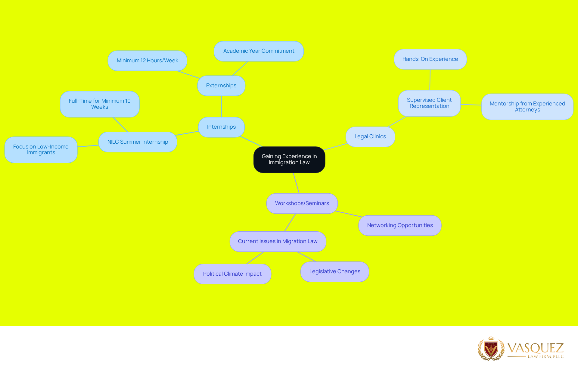 This mindmap shows different ways to gain experience in immigration law. Start at the center with the main idea, then follow the branches to explore internships, legal clinics, and workshops. Each branch leads to specific opportunities and details, helping you see how to build your skills and network in this field.