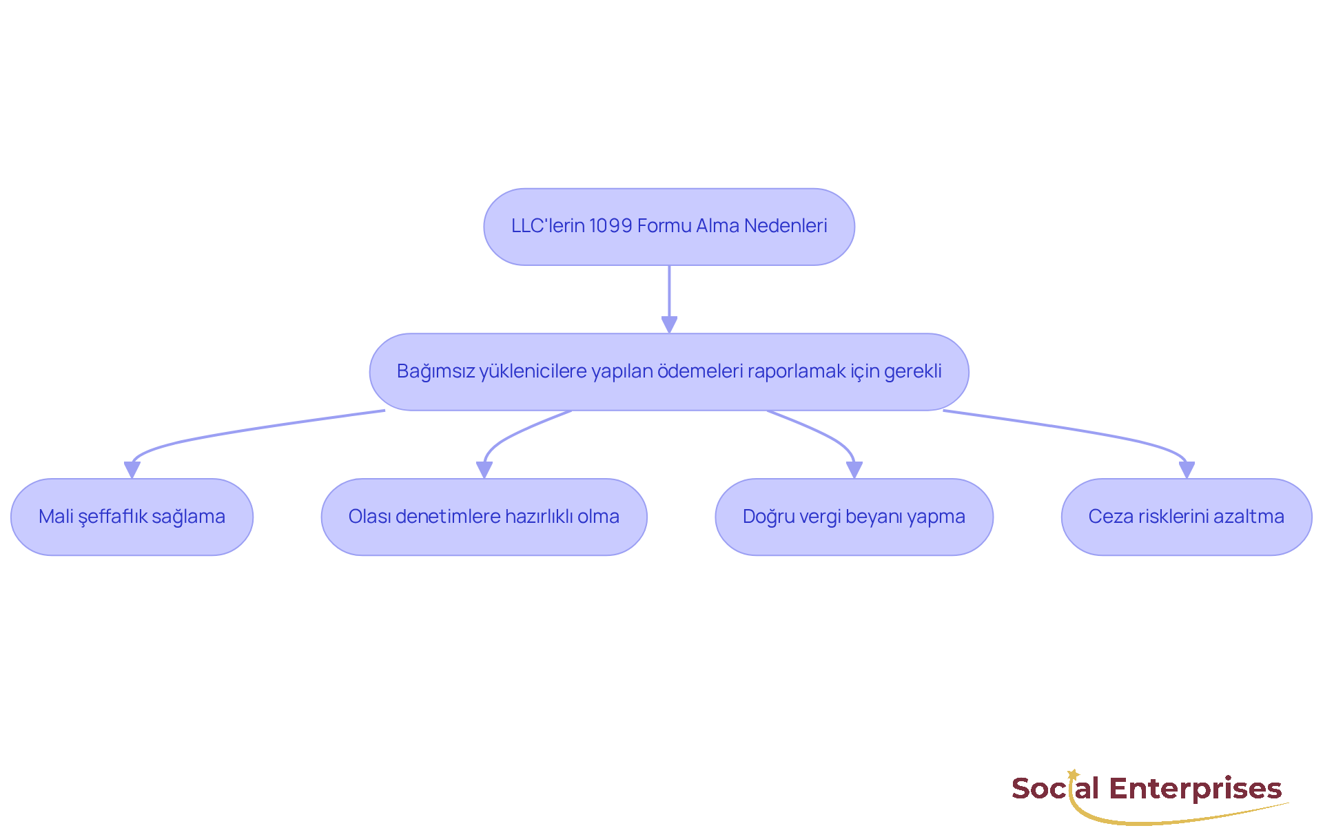 Her kutu, LLC'lerin 1099 formunu alma nedenlerini ve bu sürecin nasıl işlediğini gösteriyor. Oklar, nedenlerin birbiriyle nasıl bağlantılı olduğunu açıkça ortaya koyuyor.