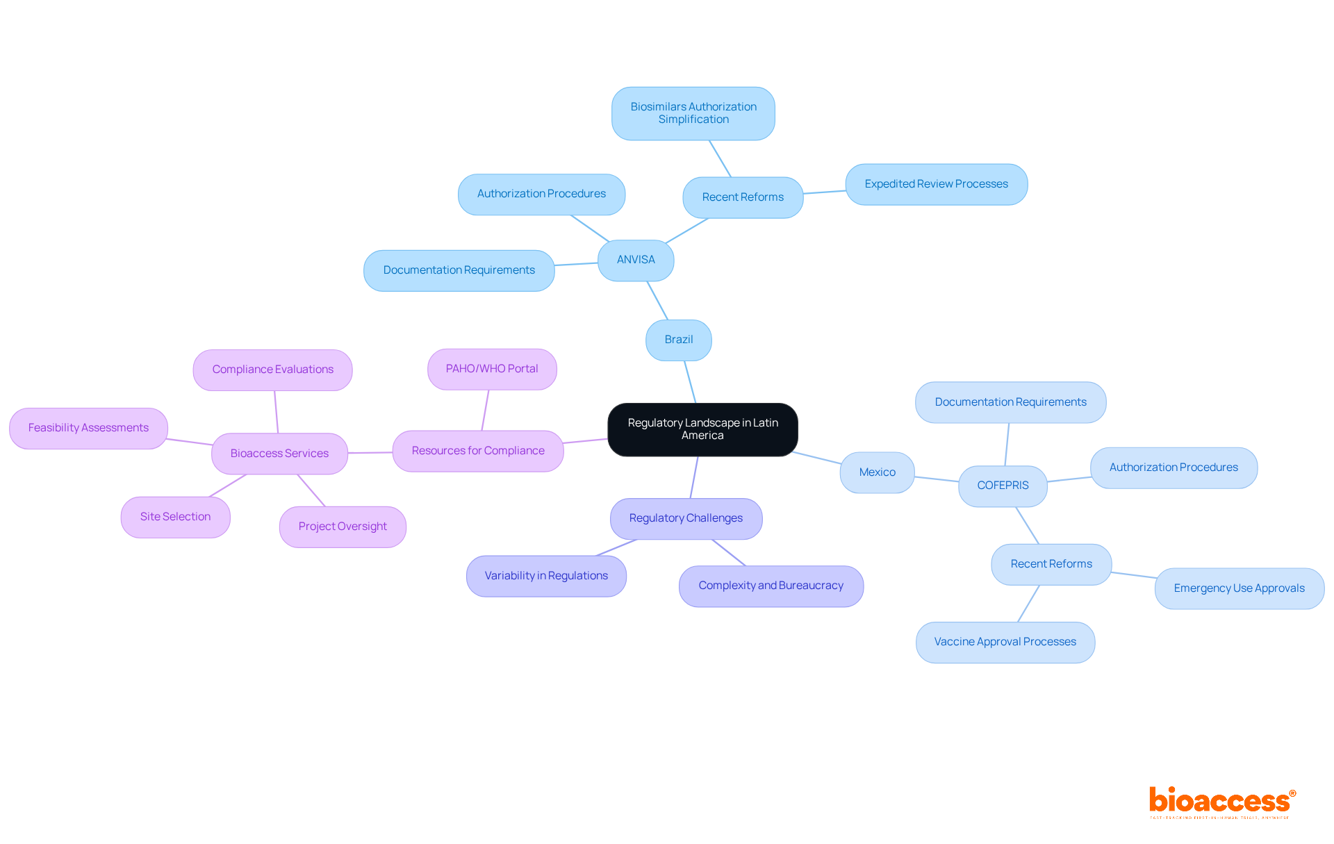 The central node represents the overall regulatory landscape, while branches show specific countries and their regulations. Each sub-branch details important aspects like authorities and recent reforms, helping you navigate the complexities of clinical trial regulations.