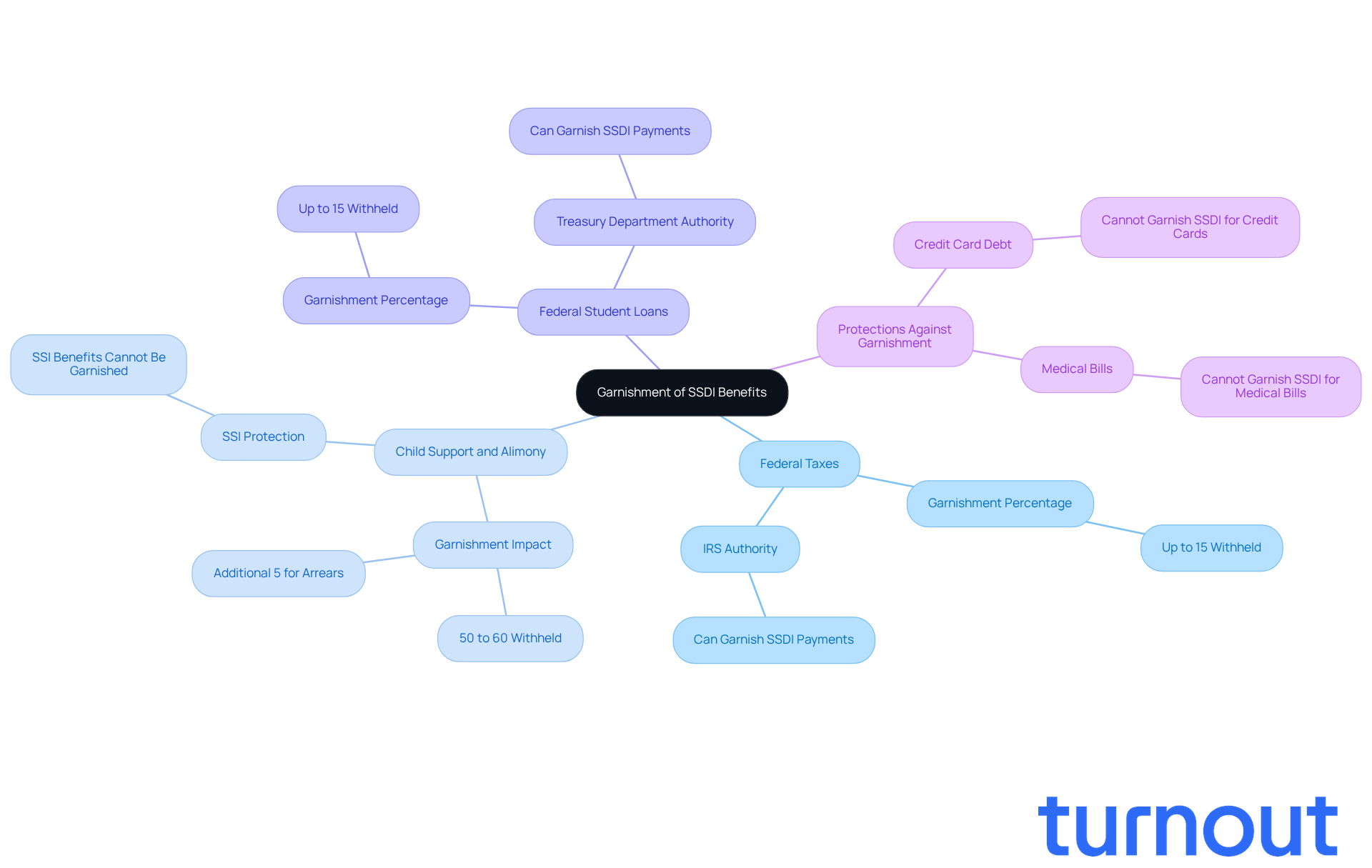 The central node represents the main topic of SSDI garnishment. Each branch shows a type of debt that can affect your benefits, with further details on how much can be withheld and what protections exist.
