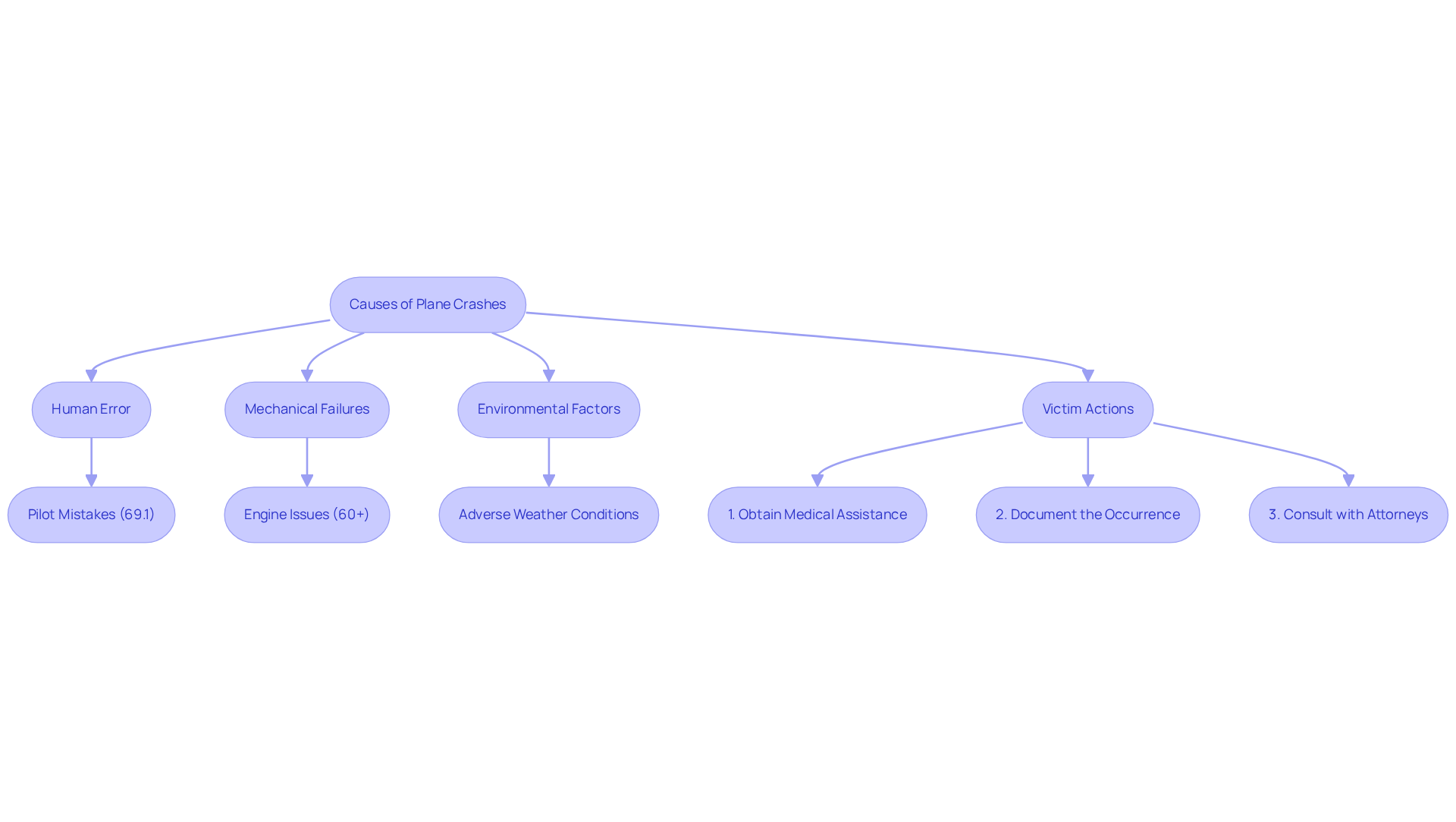 This flowchart shows the main causes of plane crashes and the steps victims should take afterward. The top section highlights the causes, while the bottom section outlines the actions to help victims navigate their recovery.