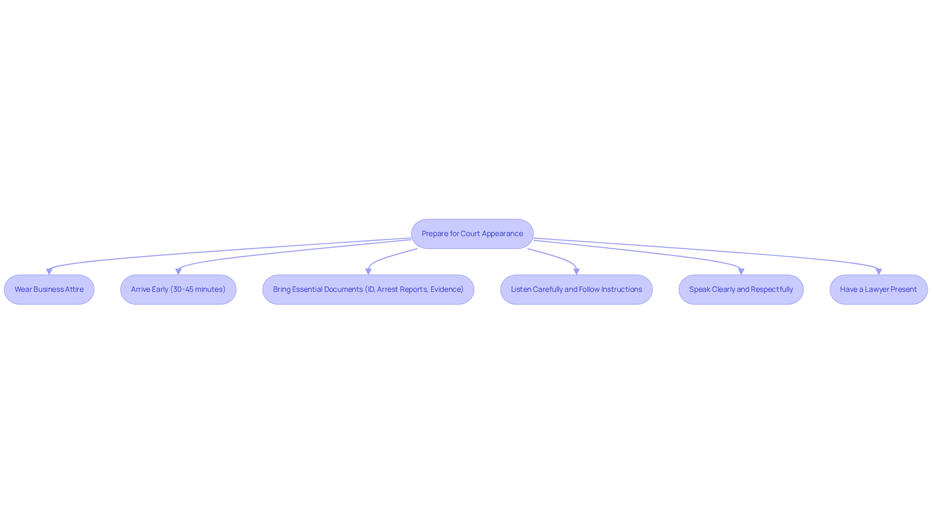 This flowchart guides you through the essential steps to prepare for your court appearance. Follow the arrows to see what you need to do at each stage, from dressing appropriately to having legal representation. This flowchart guides you through the essential steps to prepare for your court appearance. Follow the arrows to see what you need to do at each stage, from dressing appropriately to having legal representation.
