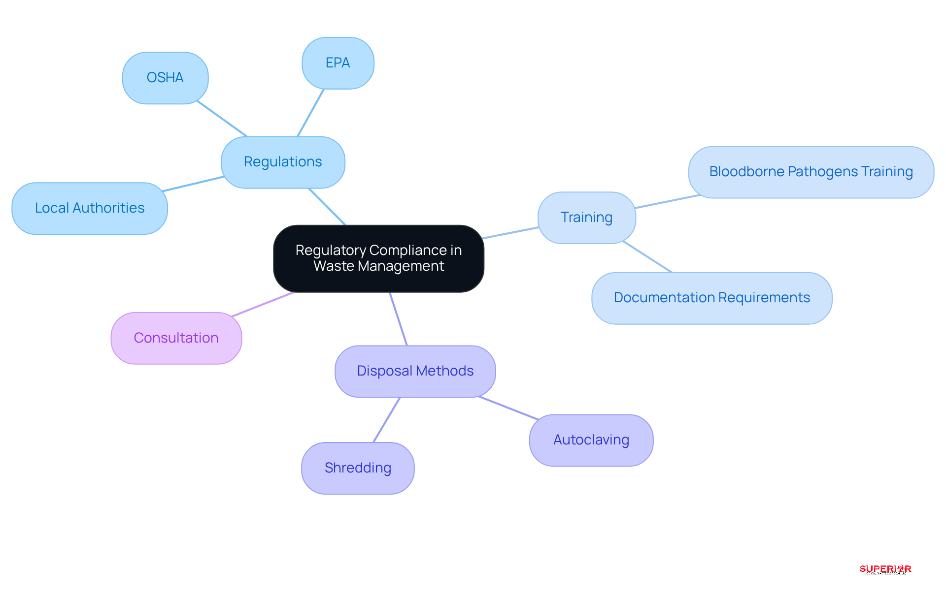 The central node represents the main theme of regulatory compliance, while branches show key areas of focus. Each sub-node provides specific details related to that area, helping you understand how they connect and contribute to effective waste management.