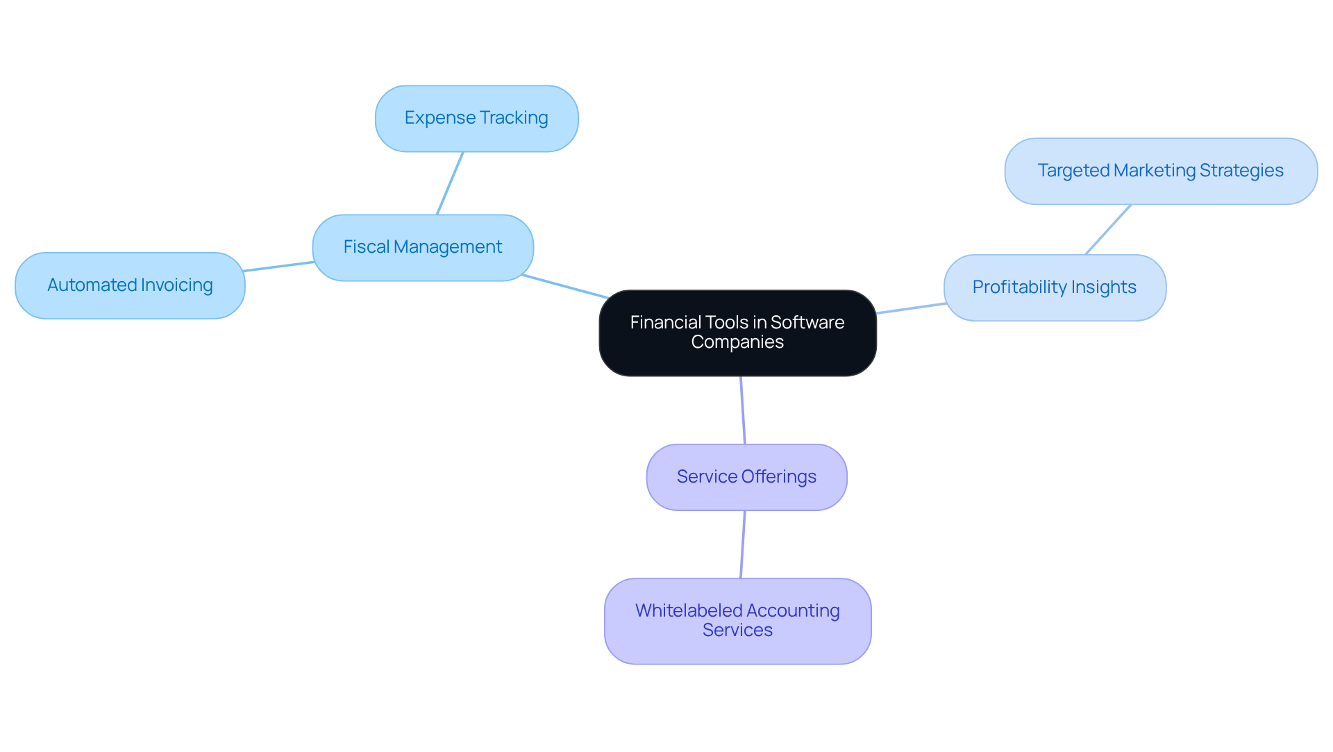 The central node represents the main topic, while the branches show different applications and benefits of financial tools. Each branch connects to specific examples, illustrating how these tools enhance business operations and client relationships.