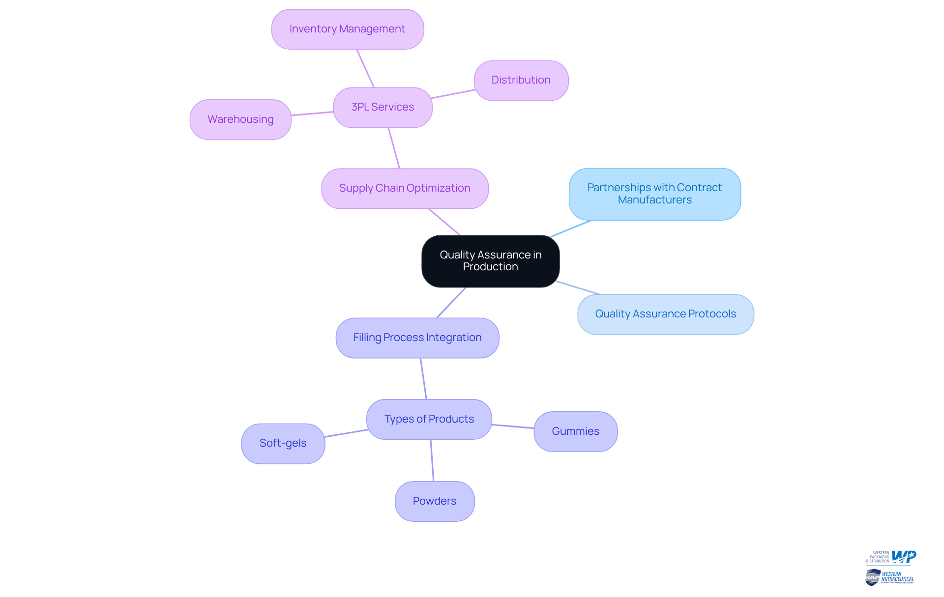 Start at the center with the main theme of quality assurance. Each branch represents a critical component of the process, showing how they all work together to uphold high standards in production.