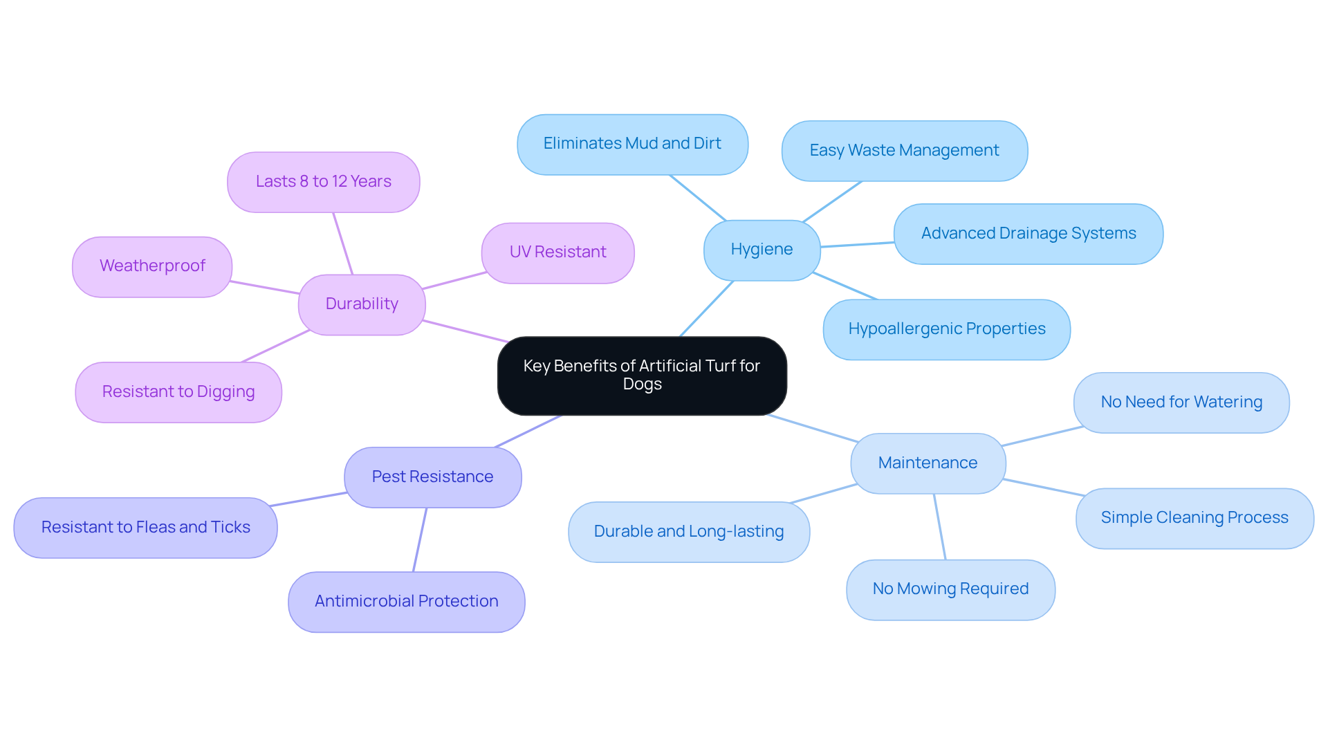 The central node represents the main topic, while the branches show different benefits. Each color-coded branch helps you quickly identify key areas of advantage, making it easy to understand how artificial turf can improve the lives of dogs and their owners. The central node represents the main topic, while the branches show different benefits. Each color-coded branch helps you quickly identify key areas of advantage, making it easy to understand how artificial turf can improve the lives of dogs and their owners.
