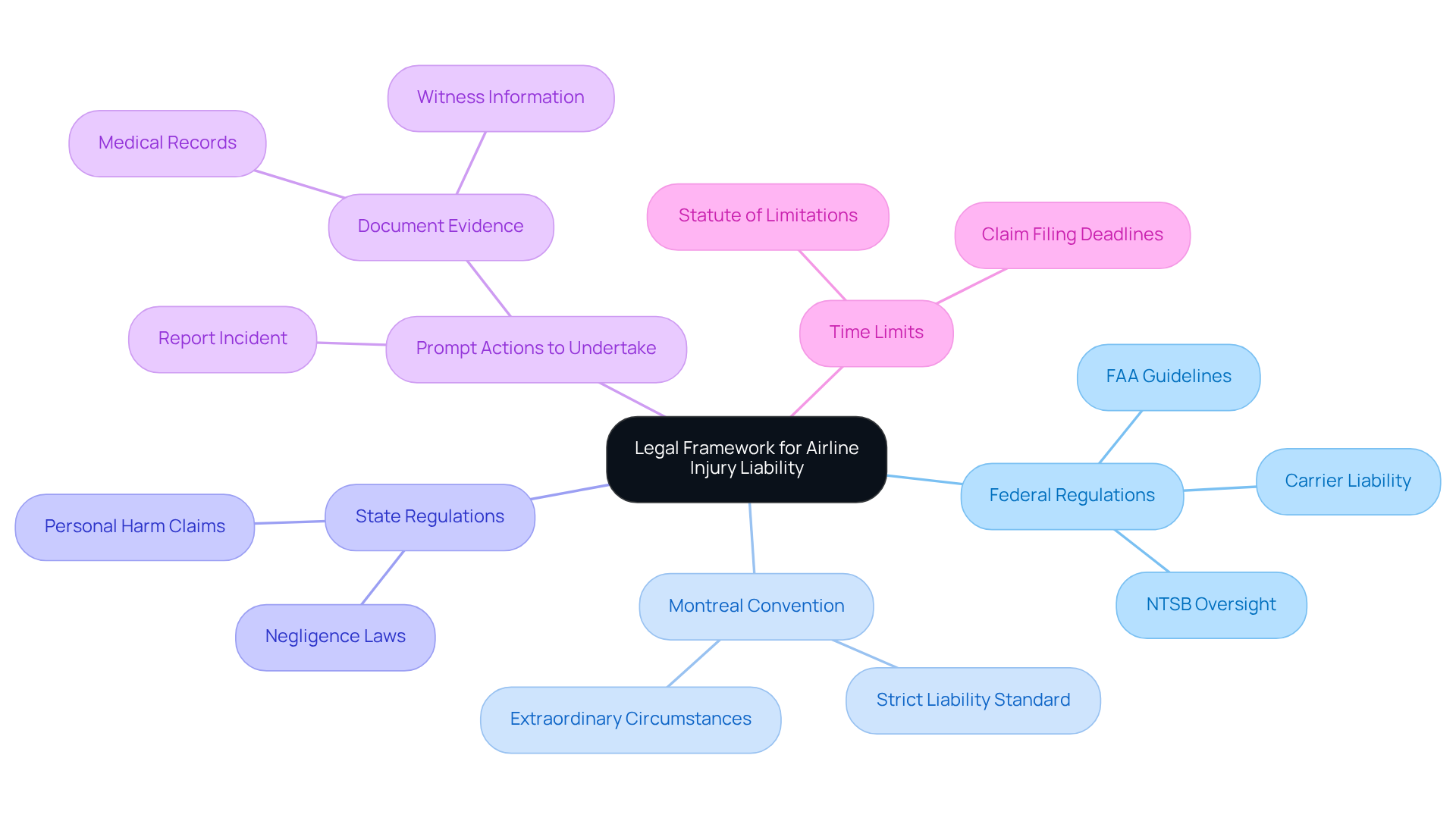 The center represents the main topic, and each branch shows a different aspect of the legal framework. Follow the branches to explore specific regulations, actions, and timelines related to airline injury liability.