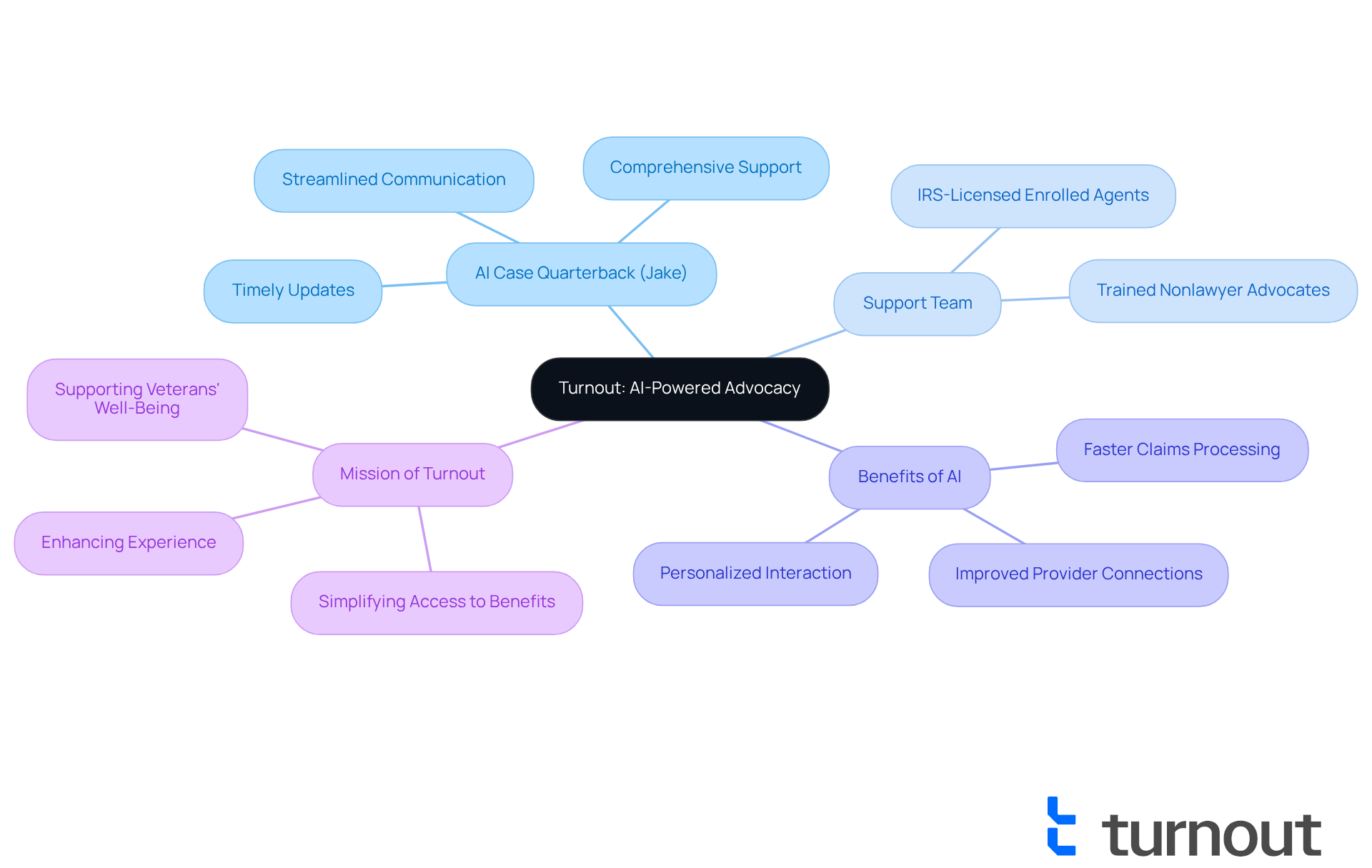 The central node represents Turnout's mission, while the branches show different aspects of how they help veterans. Each color-coded branch highlights a specific area of focus, making it easy to see how everything connects.