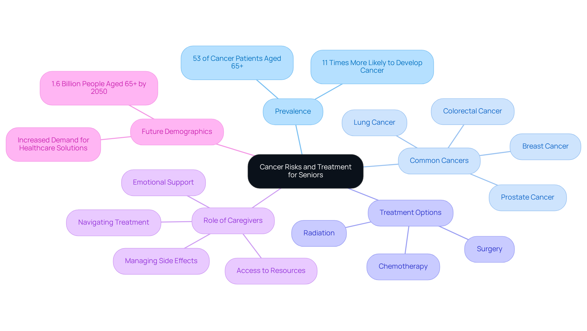 The central topic is cancer risks for older adults, branching into various areas of focus. Each branch shows a different aspect of understanding cancer in seniors, from statistics and common types to treatments and caregiver support.