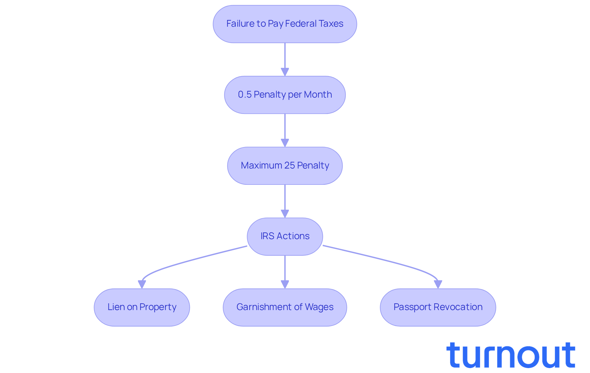 This flowchart shows what happens if you don't pay your federal taxes. Start at the top with the initial penalty, and follow the arrows down to see how the consequences escalate, leading to serious actions like liens and wage garnishments.