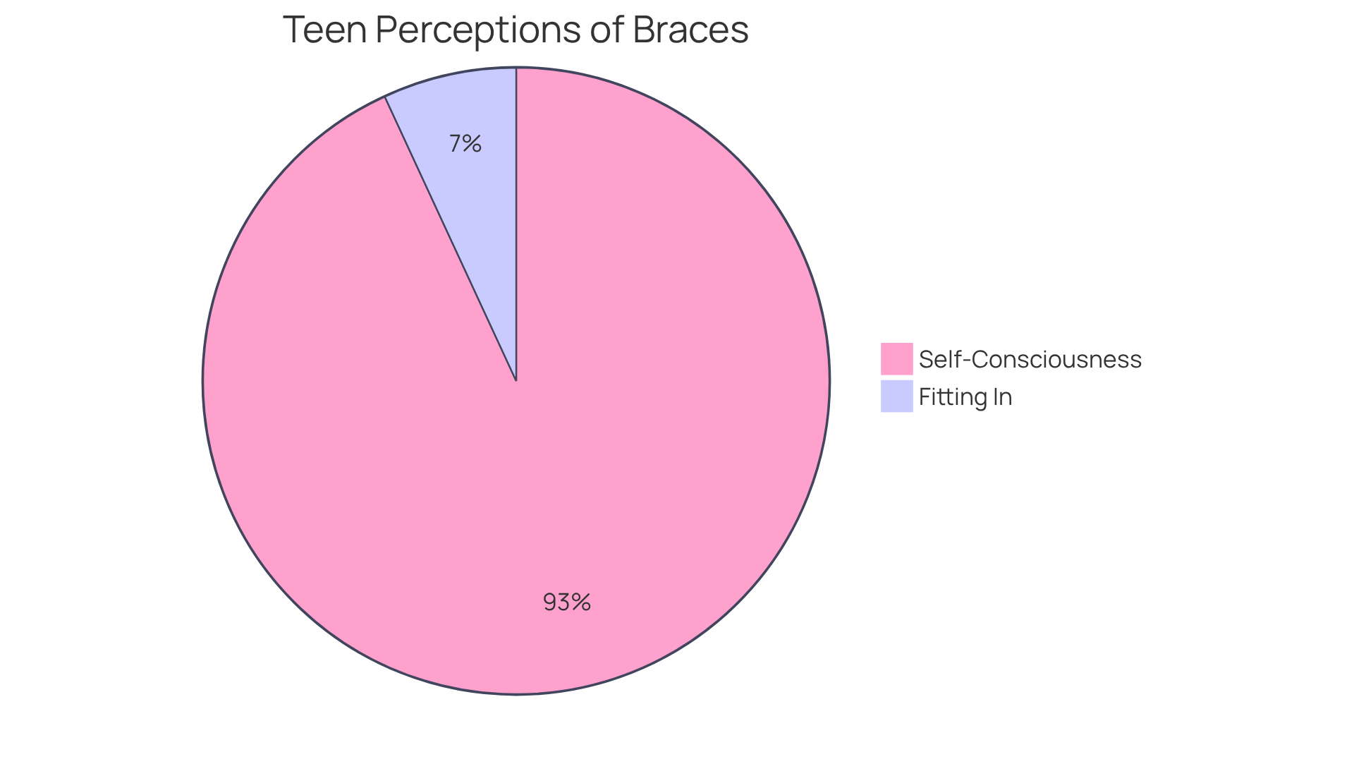 This chart shows how teens feel about wearing metal braces. The larger slice indicates that most teens feel self-conscious, while the smaller slice shows that very few believe braces help them fit in with their peers. This chart shows how teens feel about wearing metal braces. The larger slice indicates that most teens feel self-conscious, while the smaller slice shows that very few believe braces help them fit in with their peers.