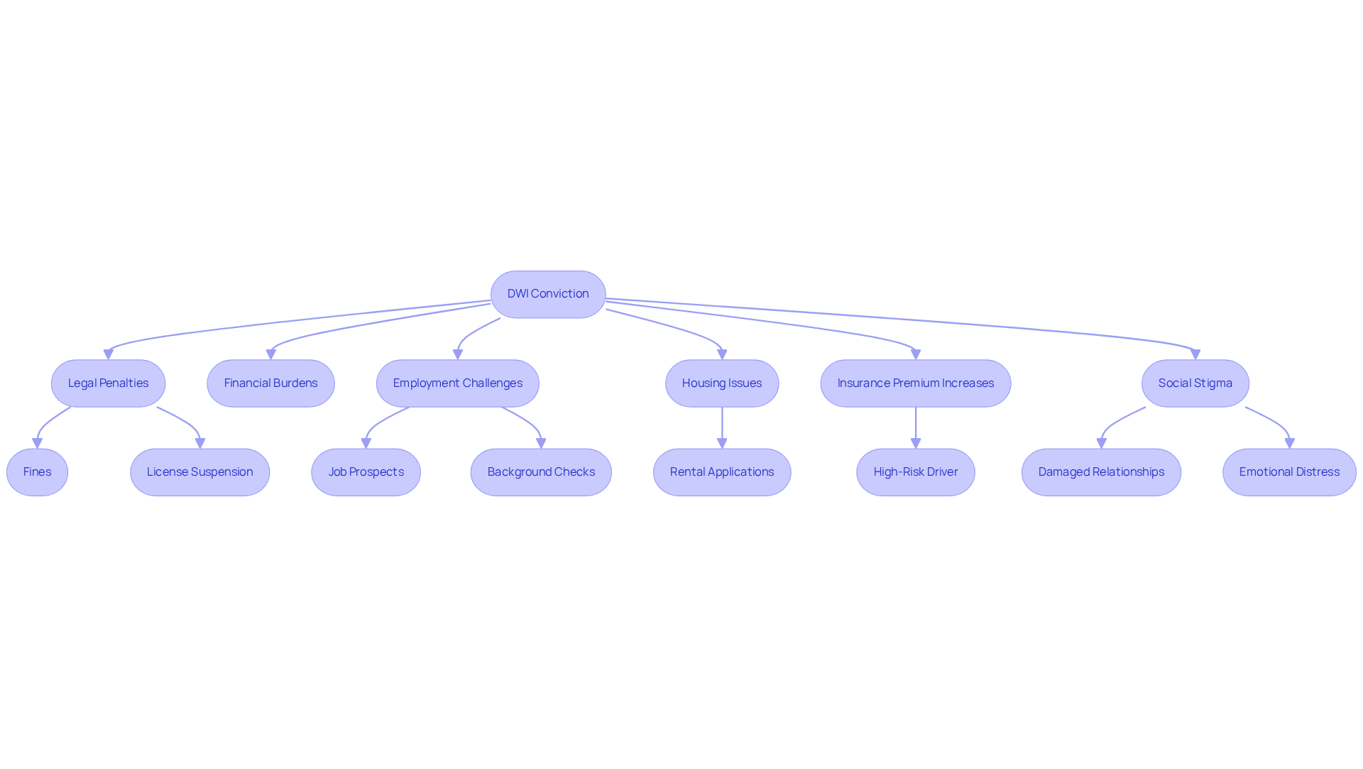 This flowchart illustrates the various consequences that can arise from a DWI conviction. Start at the top with the conviction, and follow the arrows to see how it can lead to legal issues, financial problems, and social challenges. Each box represents a different area affected by the conviction, helping you understand the broader impact.