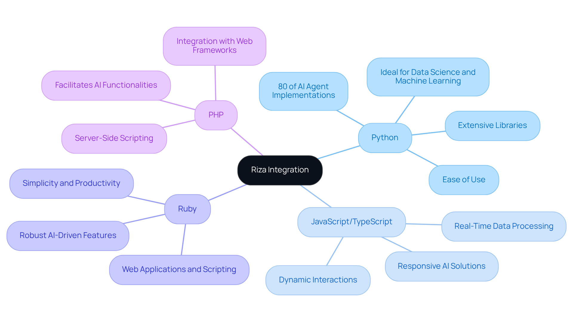 The central node represents Riza's integration capabilities, while each branch shows a programming language. The sub-branches highlight what makes each language suitable for AI solutions, helping you understand their roles at a glance.