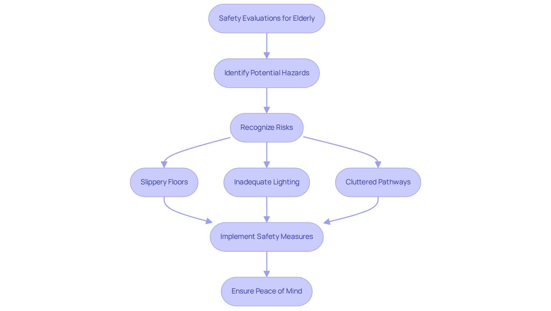 Each box represents a step in the safety evaluation process, guiding caregivers on how to ensure a secure environment for the elderly. Follow the arrows to see how each step leads to the next.