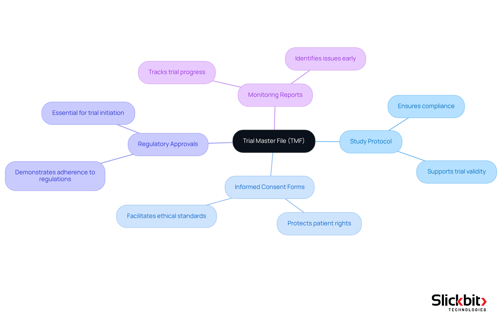 The center shows the Trial Master File, with branches pointing to important documents. Each document is crucial for the trial's success and regulatory compliance.