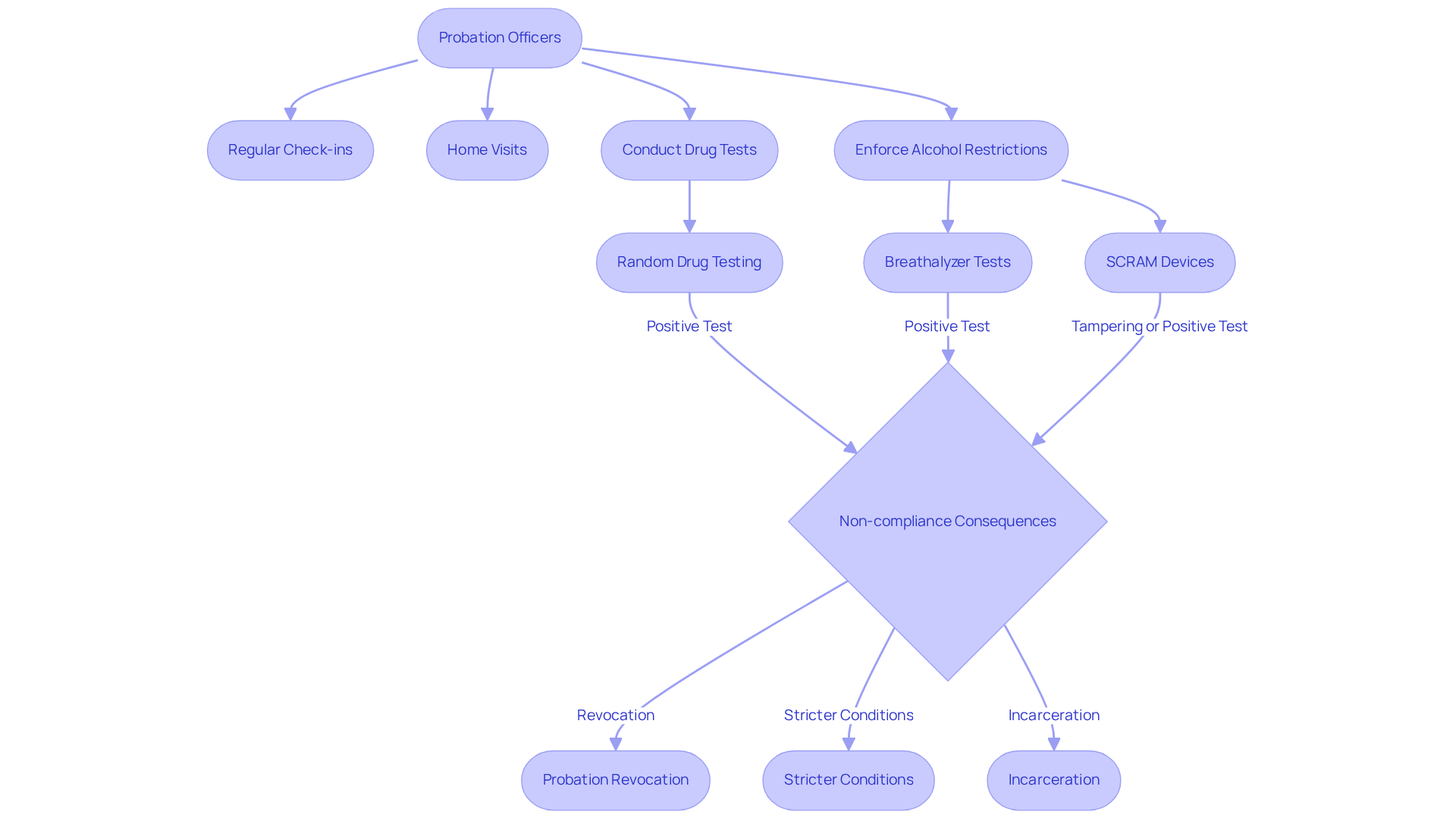This flowchart shows how probation officers monitor individuals on probation. Each step represents an action they take to ensure compliance with alcohol restrictions. Follow the arrows to see how these actions connect and lead to potential consequences for non-compliance.