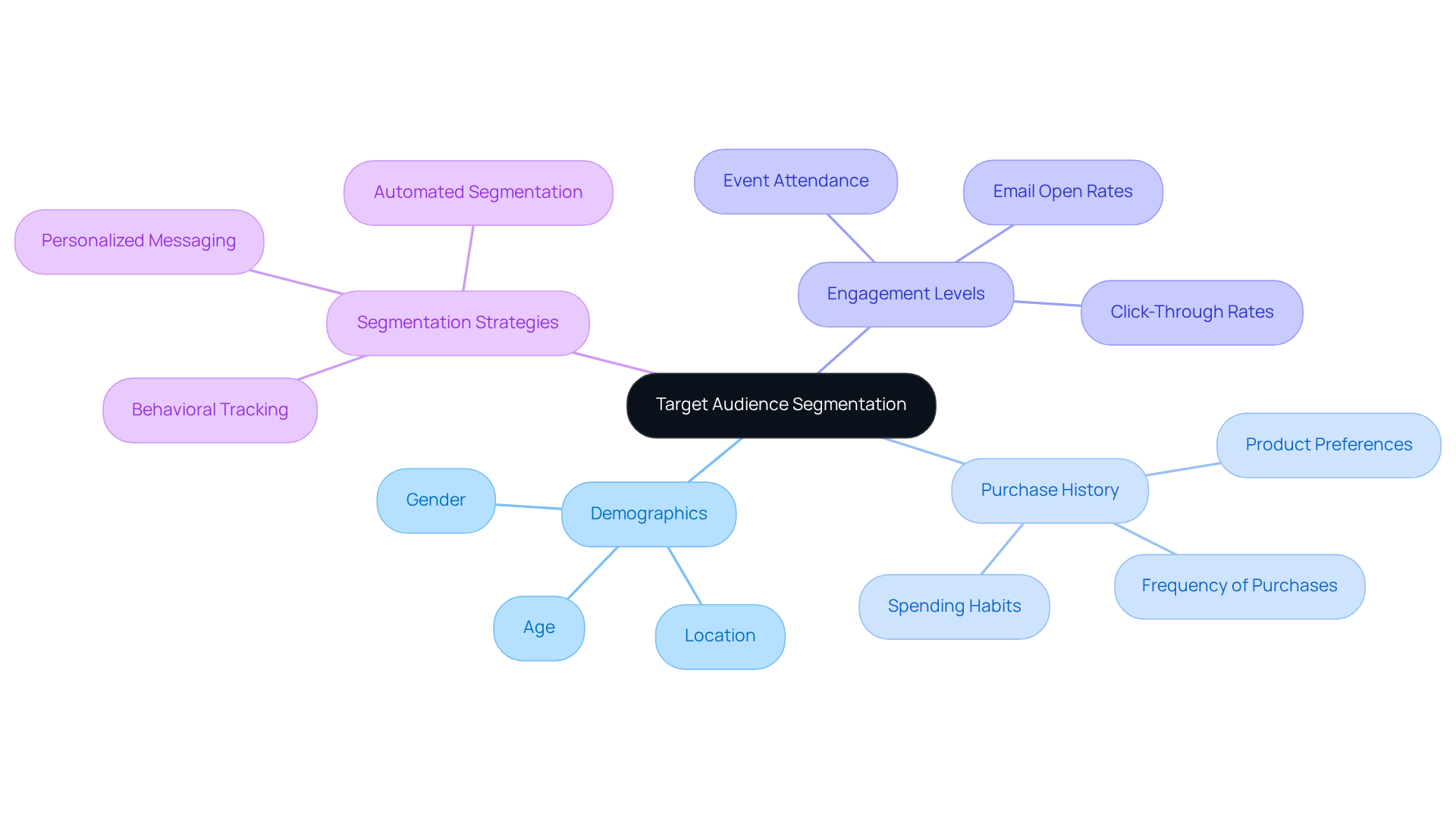 The center represents the overall goal of segmentation. Each branch represents a different factor or category, helping you understand how to divide your audience for better engagement.