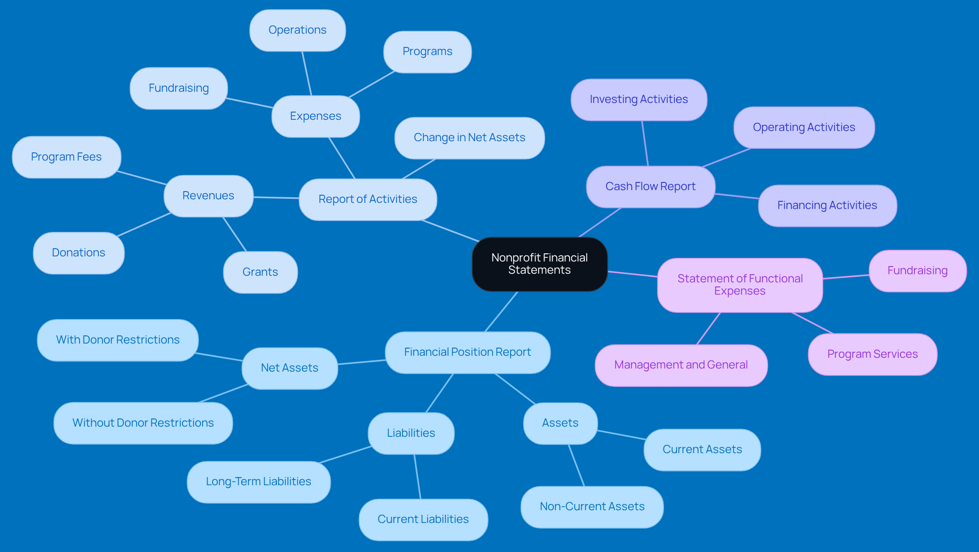 This mindmap starts with the central idea of nonprofit financial statements and branches out into the key reports that provide insights into financial health. Each branch represents a different report, and the sub-branches highlight important elements within those reports. Follow the branches to understand how each component contributes to the overall financial picture.