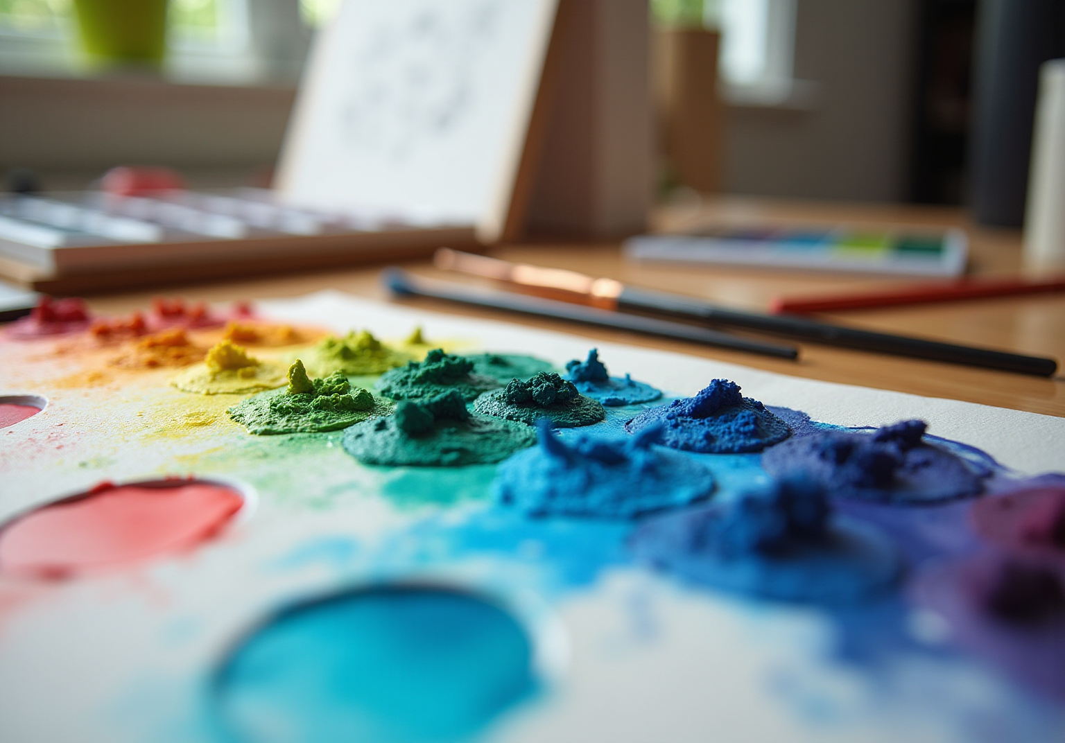 Vibrant Watercolor Paints in an Artistic Workspace