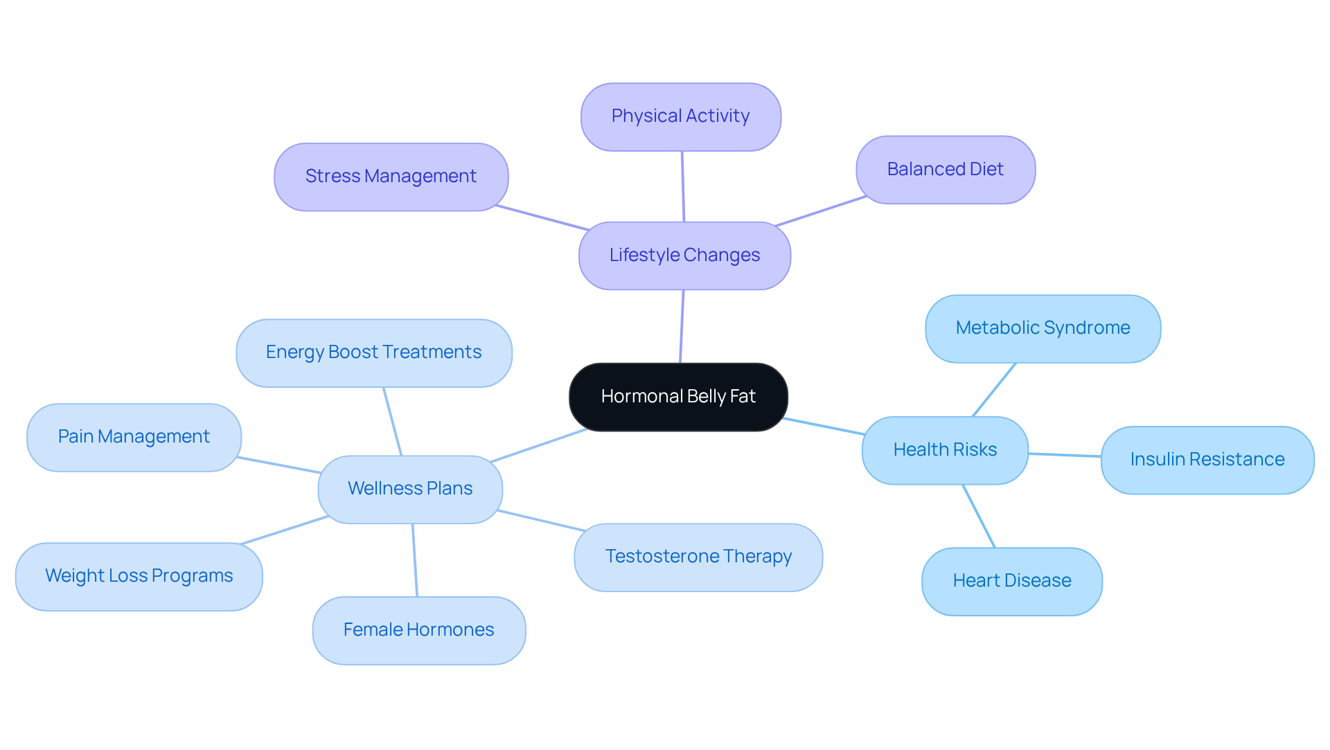 This mindmap starts with the main topic of hormonal belly fat at the center. From there, you can explore the health risks, wellness plans, and lifestyle changes that are important for managing this condition. Each branch leads to more specific information, helping you see how everything connects.