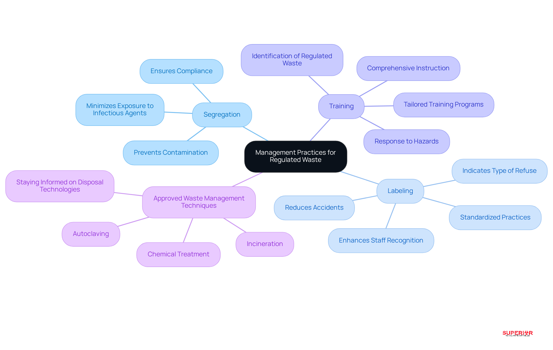 The central node represents the overall theme of waste management practices. Each branch shows a key component, and the sub-branches provide additional details about why each practice is important and how it contributes to safety and compliance.