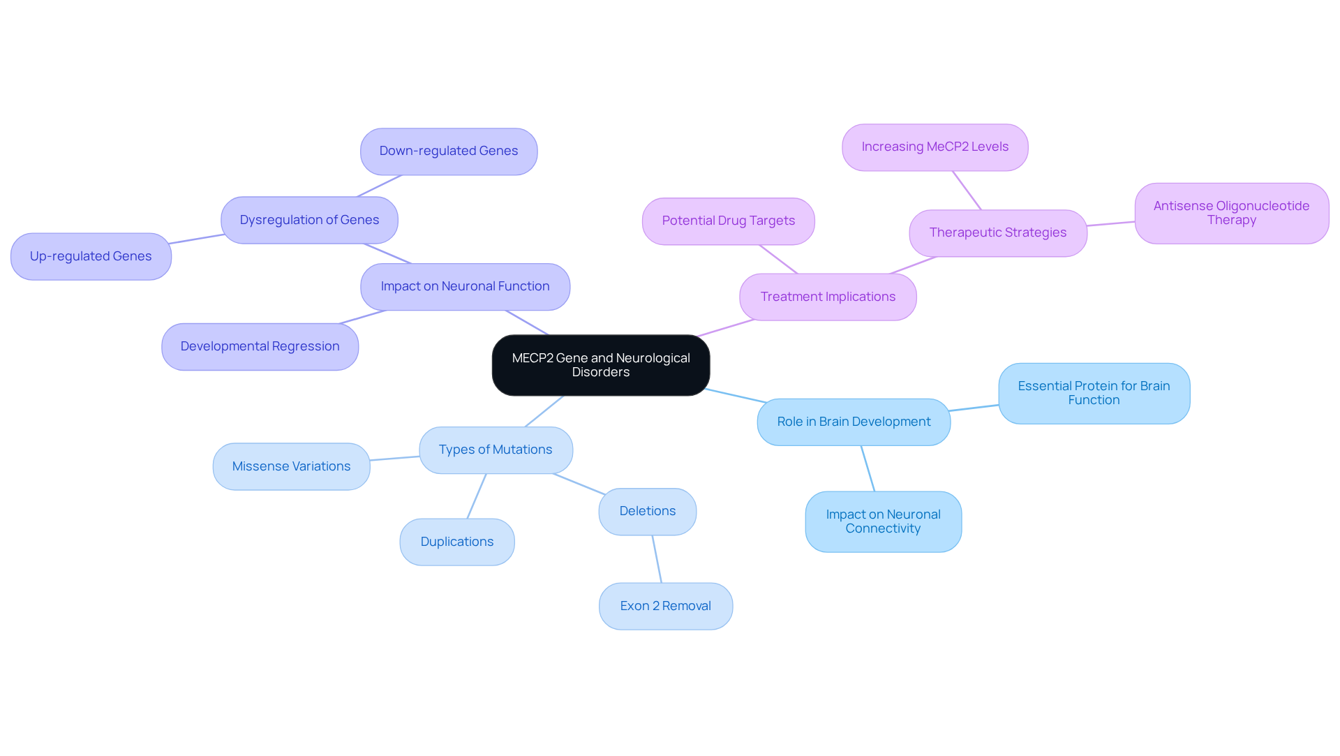 This mindmap illustrates the MECP2 gene's role in neurological disorders. Start at the center with the gene, then explore how it affects brain development, the types of mutations that can occur, their impact on neuronal function, and how this knowledge can lead to new treatment strategies.