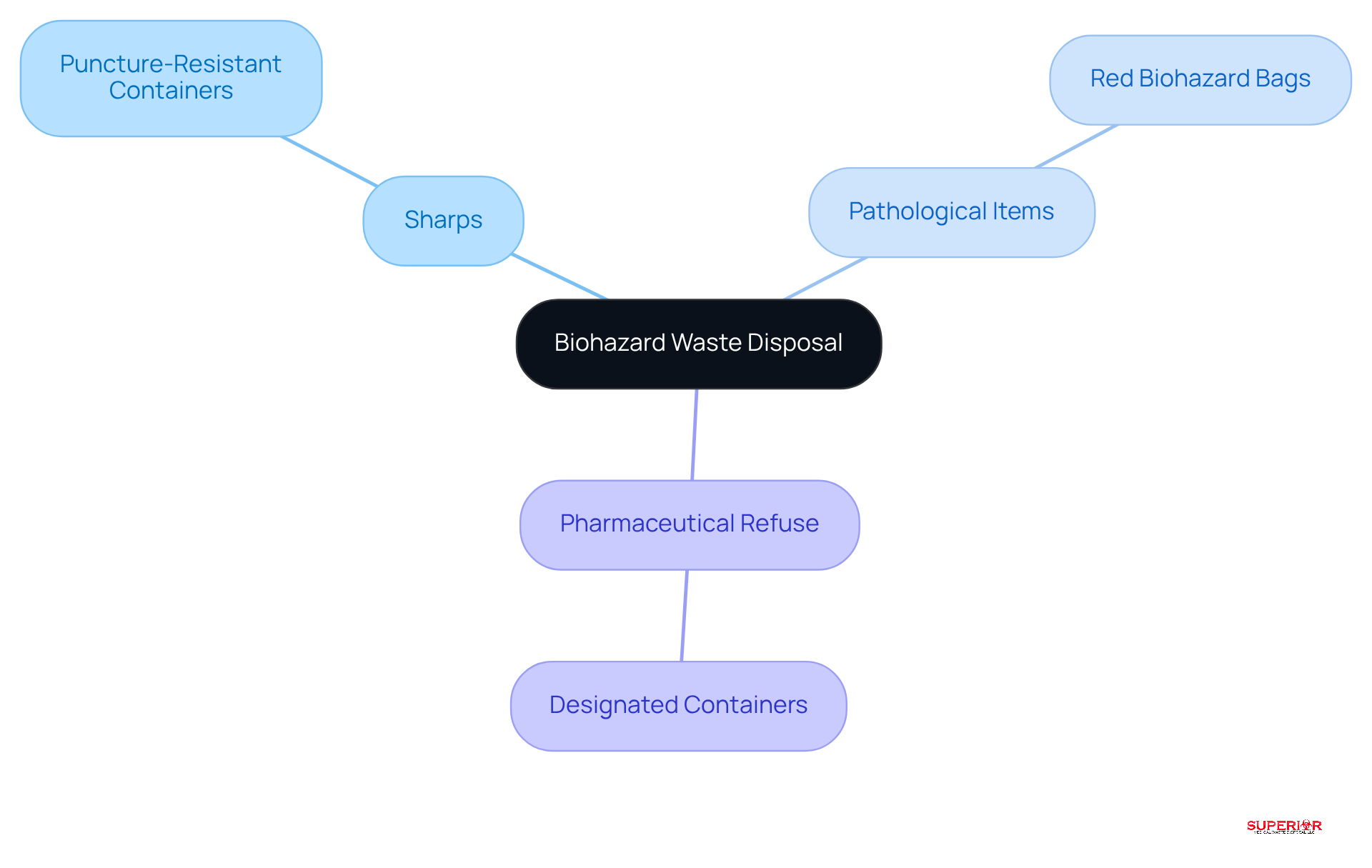 The central node represents the overall topic of biohazard waste disposal. Each branch shows a type of waste, and the sub-branches indicate the specific containers used for safe disposal. This layout helps you understand how to properly segregate and dispose of hazardous materials.