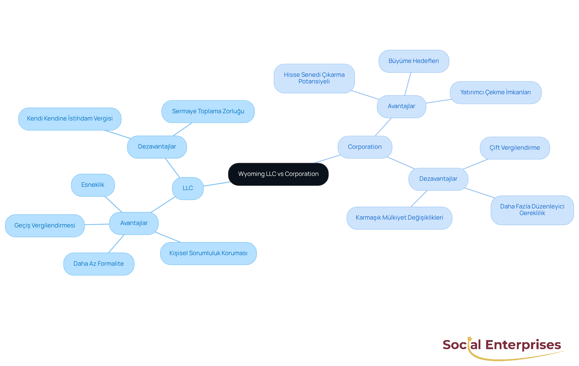 Bu zihin haritası, LLC ve Corporation arasındaki farkları anlamanızı sağlayacak. Merkezdeki konu, iki yapının karşılaştırmasını gösteriyor. Dalları takip ederek her yapının avantajlarını ve dezavantajlarını görebilirsiniz.