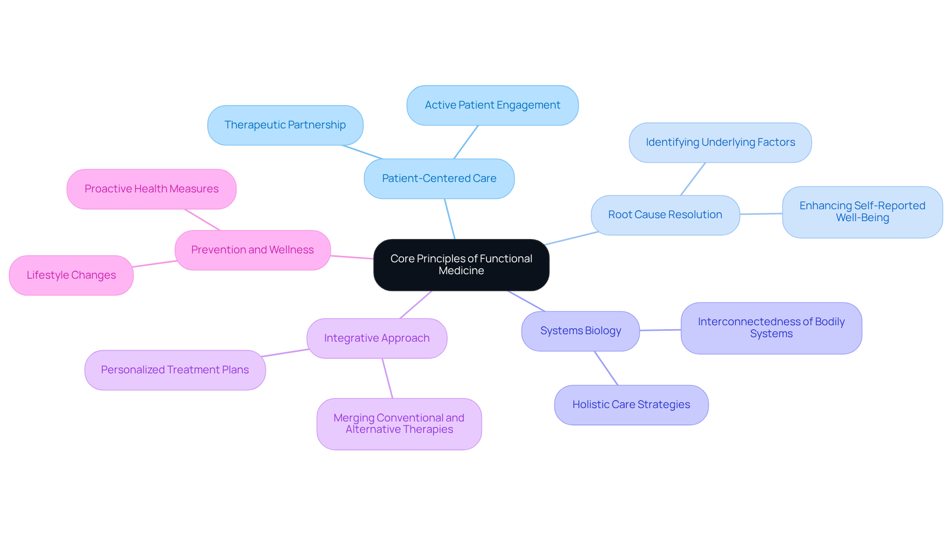 The central node represents functional medicine, while each branch highlights a key principle. Explore each branch to understand how these principles work together to promote health and wellness. The central node represents functional medicine, while each branch highlights a key principle. Explore each branch to understand how these principles work together to promote health and wellness.