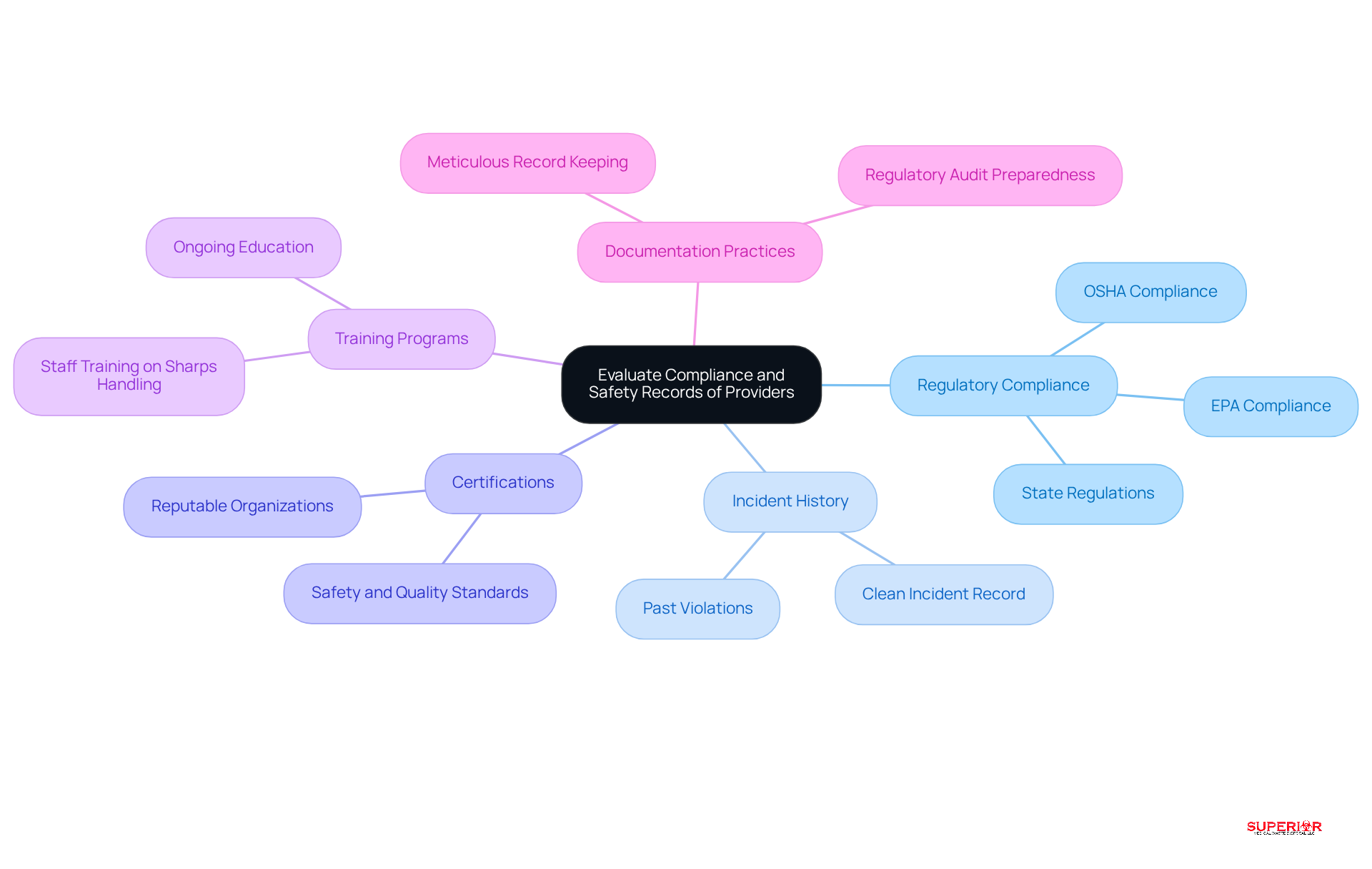 Start at the center with the main evaluation topic, then follow the branches to explore each critical factor that helps assess the safety and compliance of service providers.