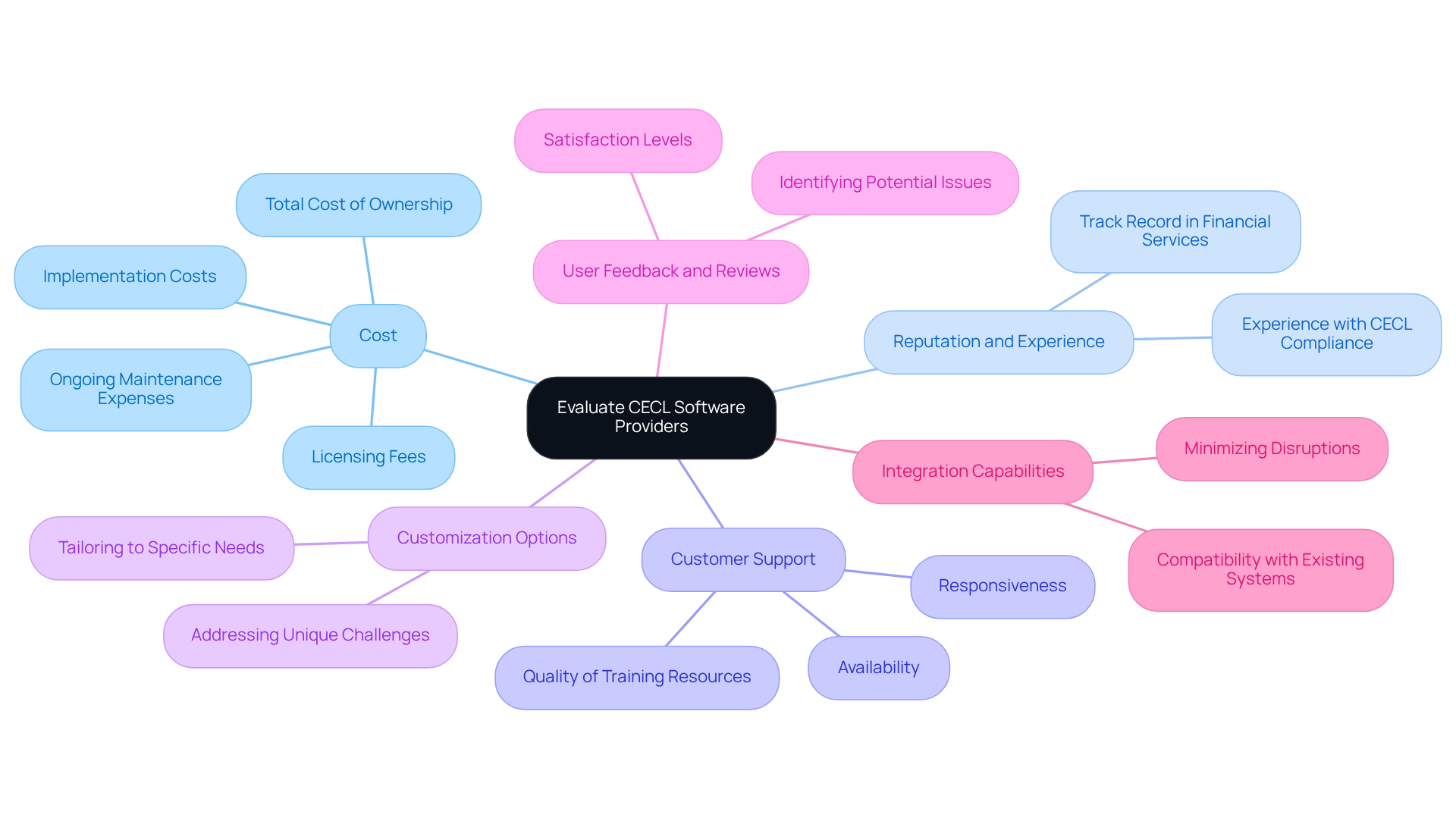 The center represents the main topic of evaluating software providers, and each branch shows a key criterion to consider. Follow the branches to explore each factor in detail.